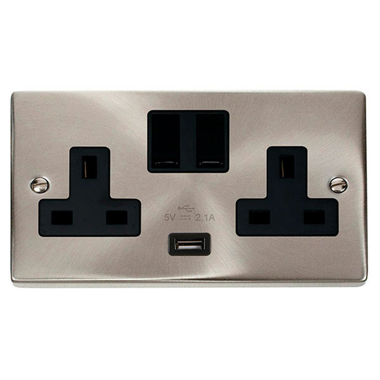 Metro Lane Satin / Brushed Chrome 2 Gang 13A 1 USB Twin Double Switched ...