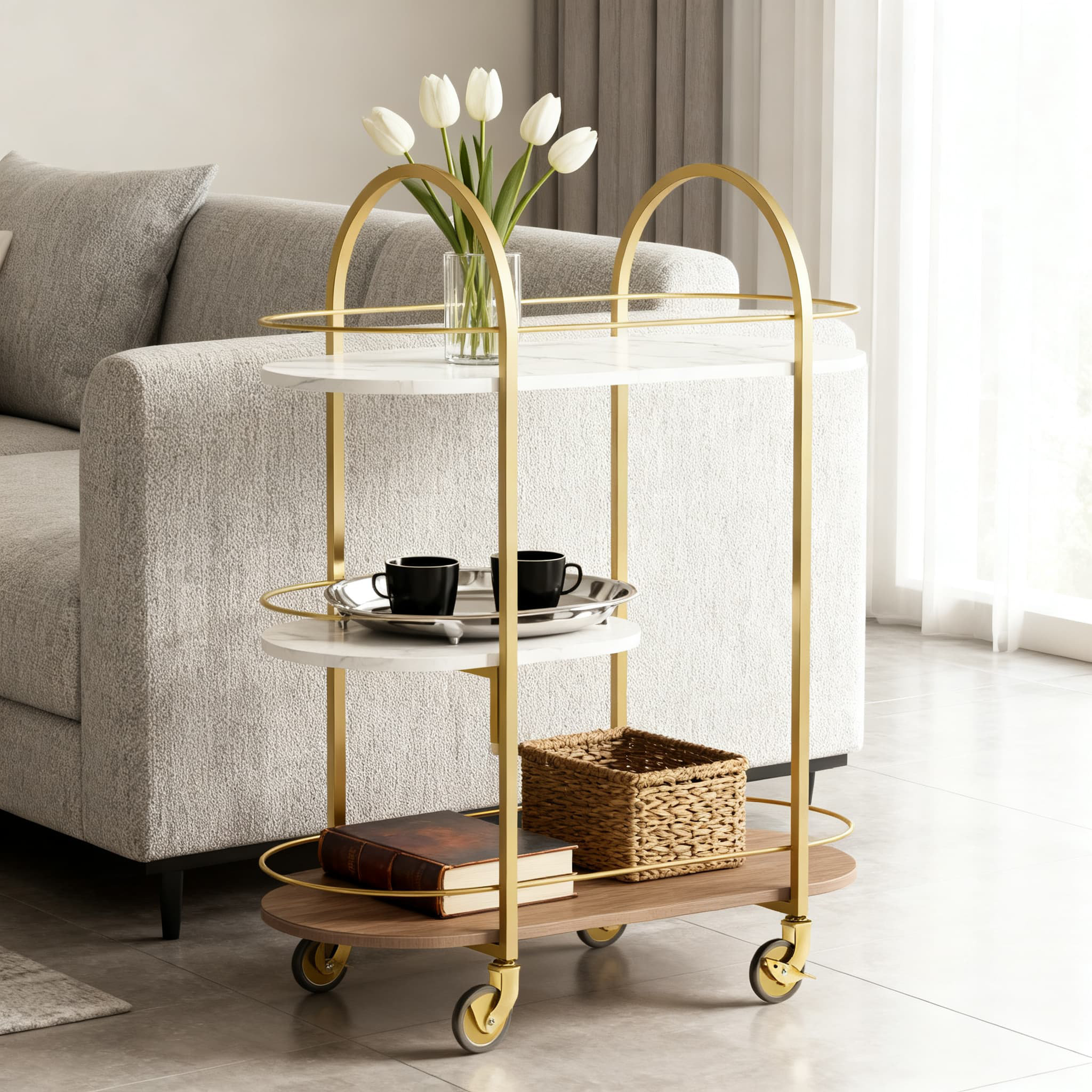 17 Stories 3-Tier Rolling Bar Cart With Stemware Holder, Locking Wheels ...