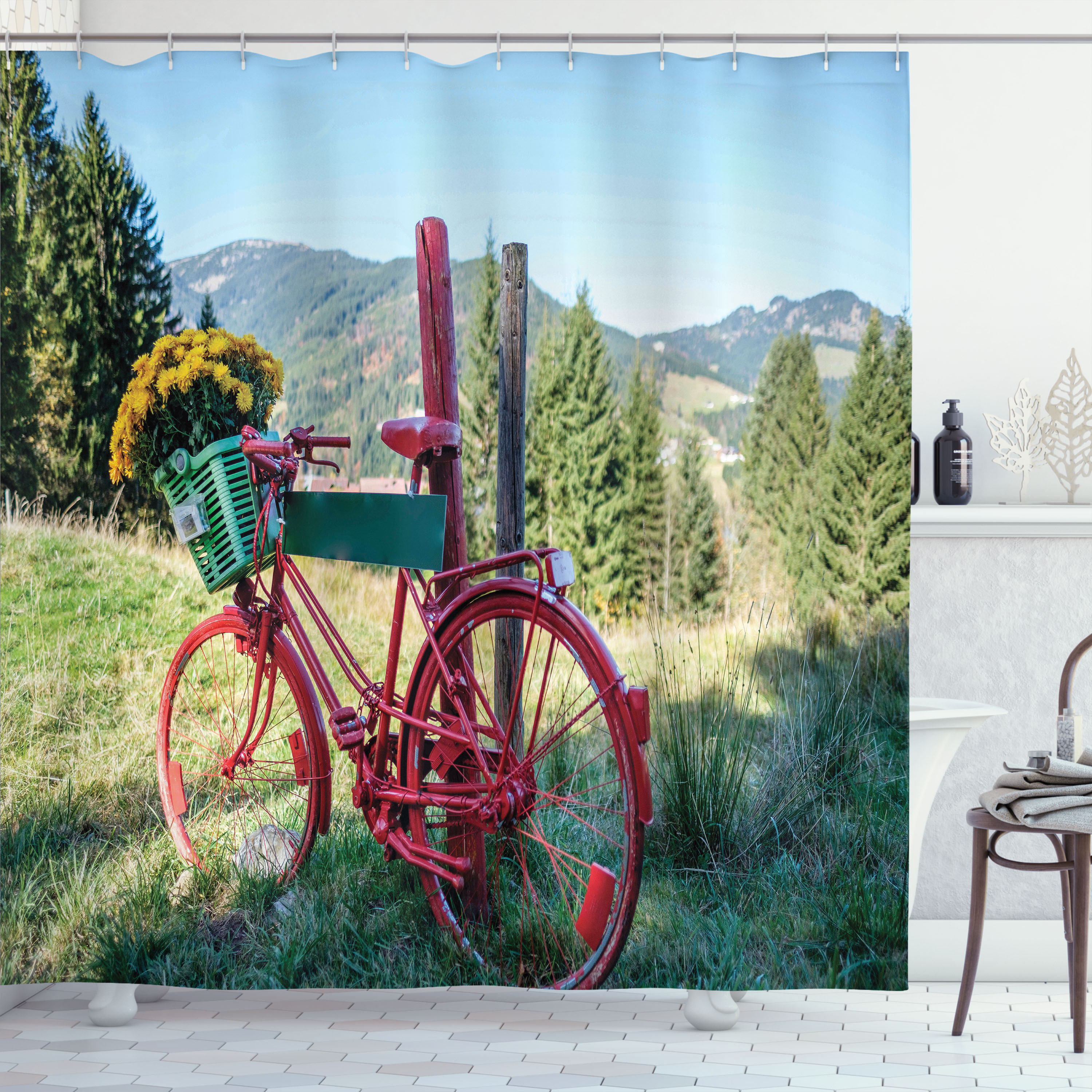 East Urban Home Bicycle Shower Curtain Mountain Landscape and Bike ...