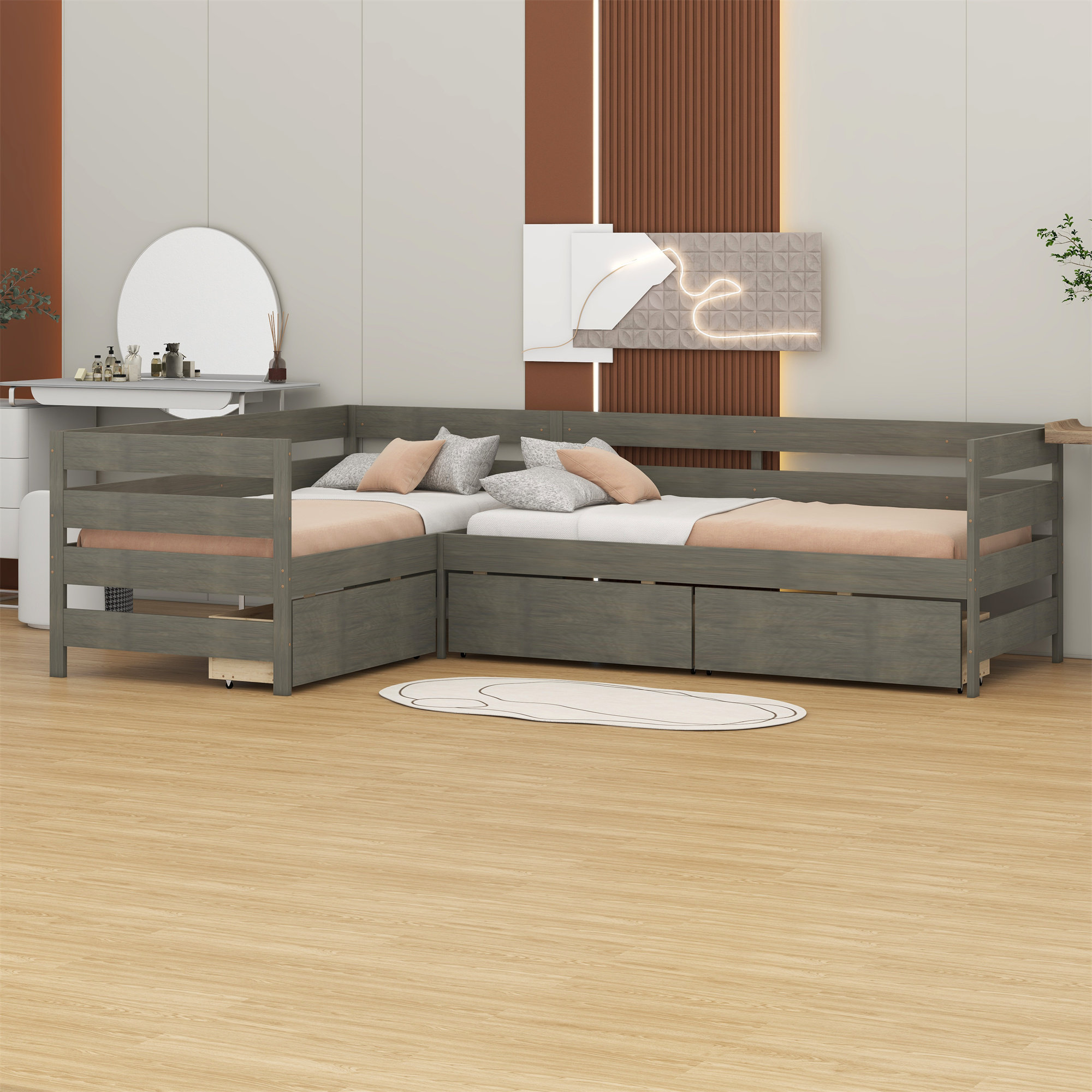 Harriet Bee L-Shaped Platform Bed With Three Storage Drawers | Wayfair