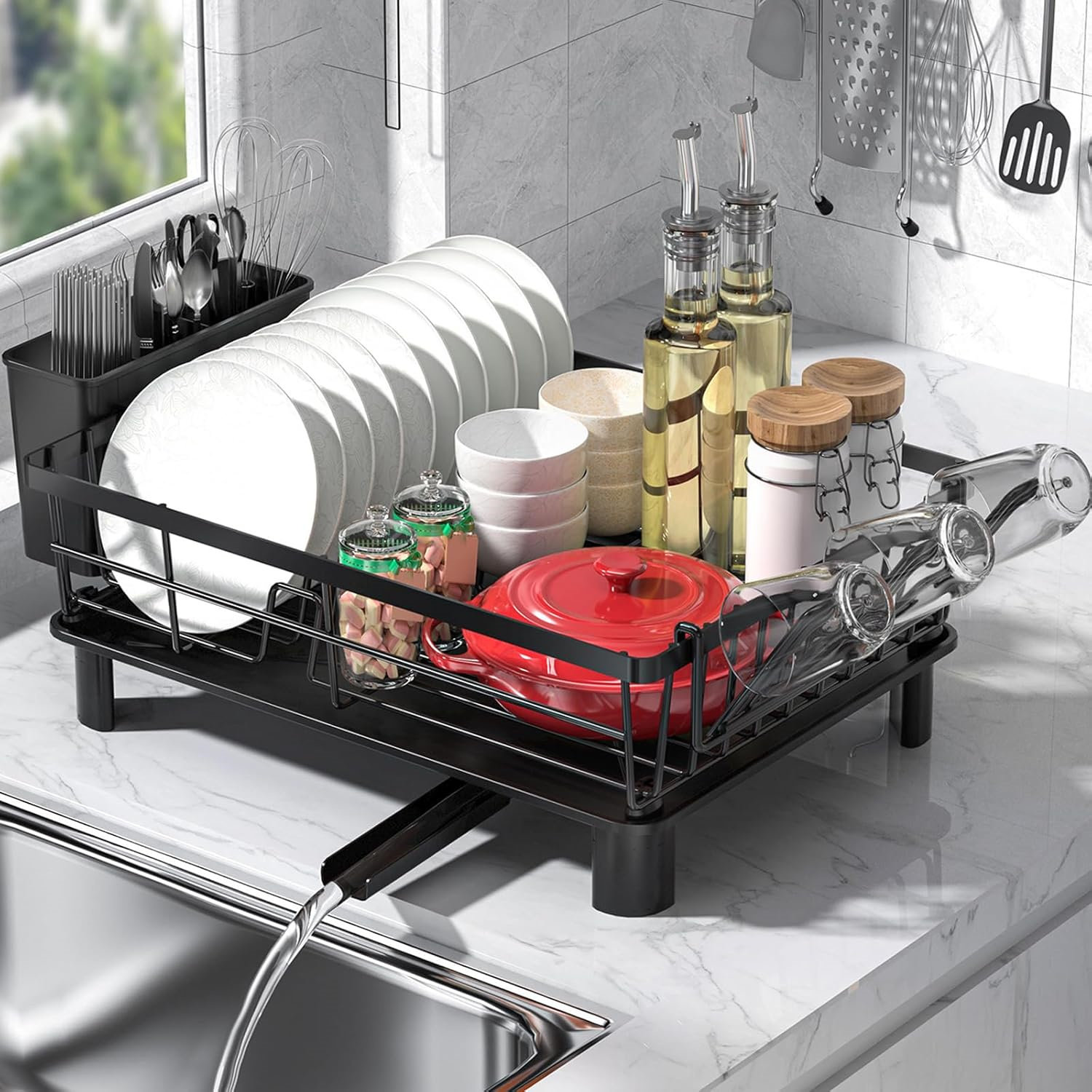 PAVORA Space Saving Dish Rack with Drainer for Kitchen Countertops ...