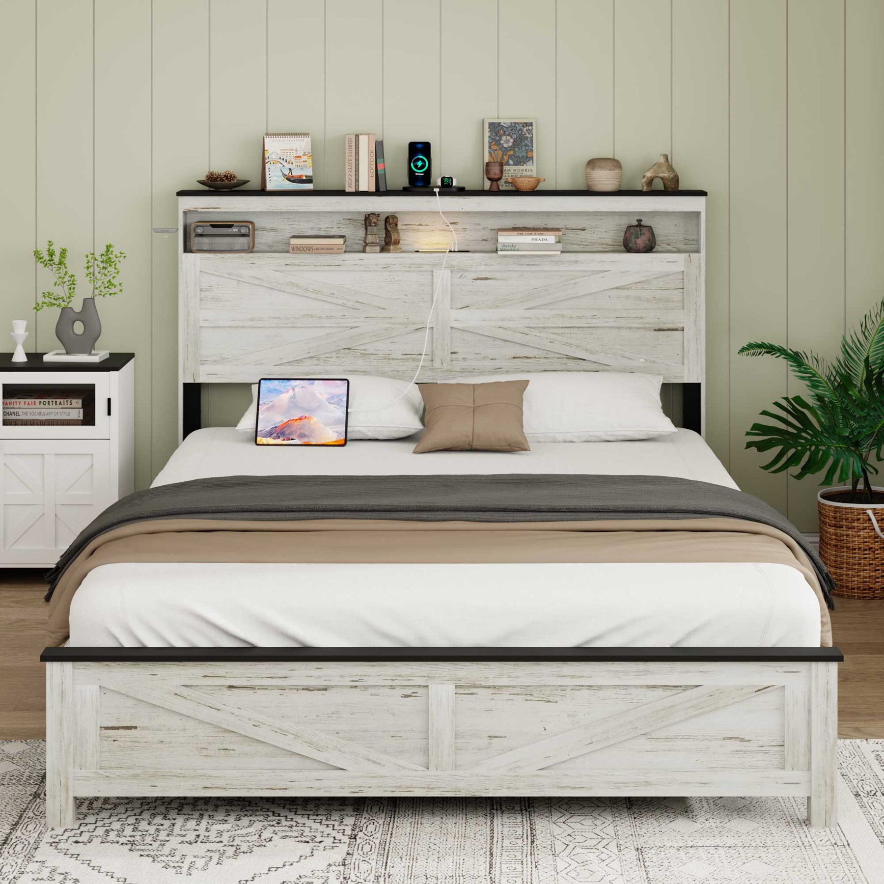 DAMALU bed with wooden headboard and hidden storage space | Wayfair