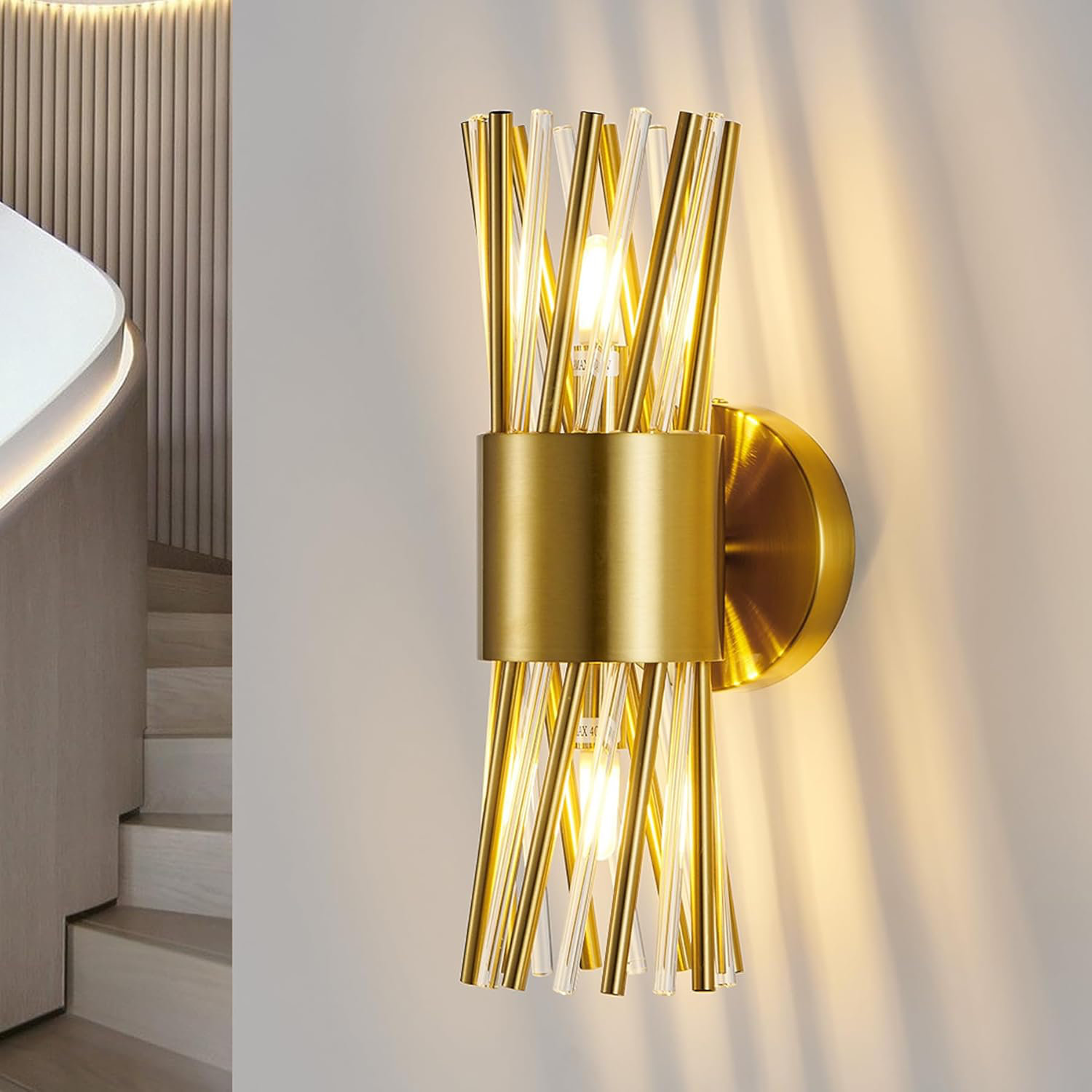 Mercer41 2-Light W4.7‘’ x H13.6‘’ Cylindrical Modern Gold Crystal Wall ...