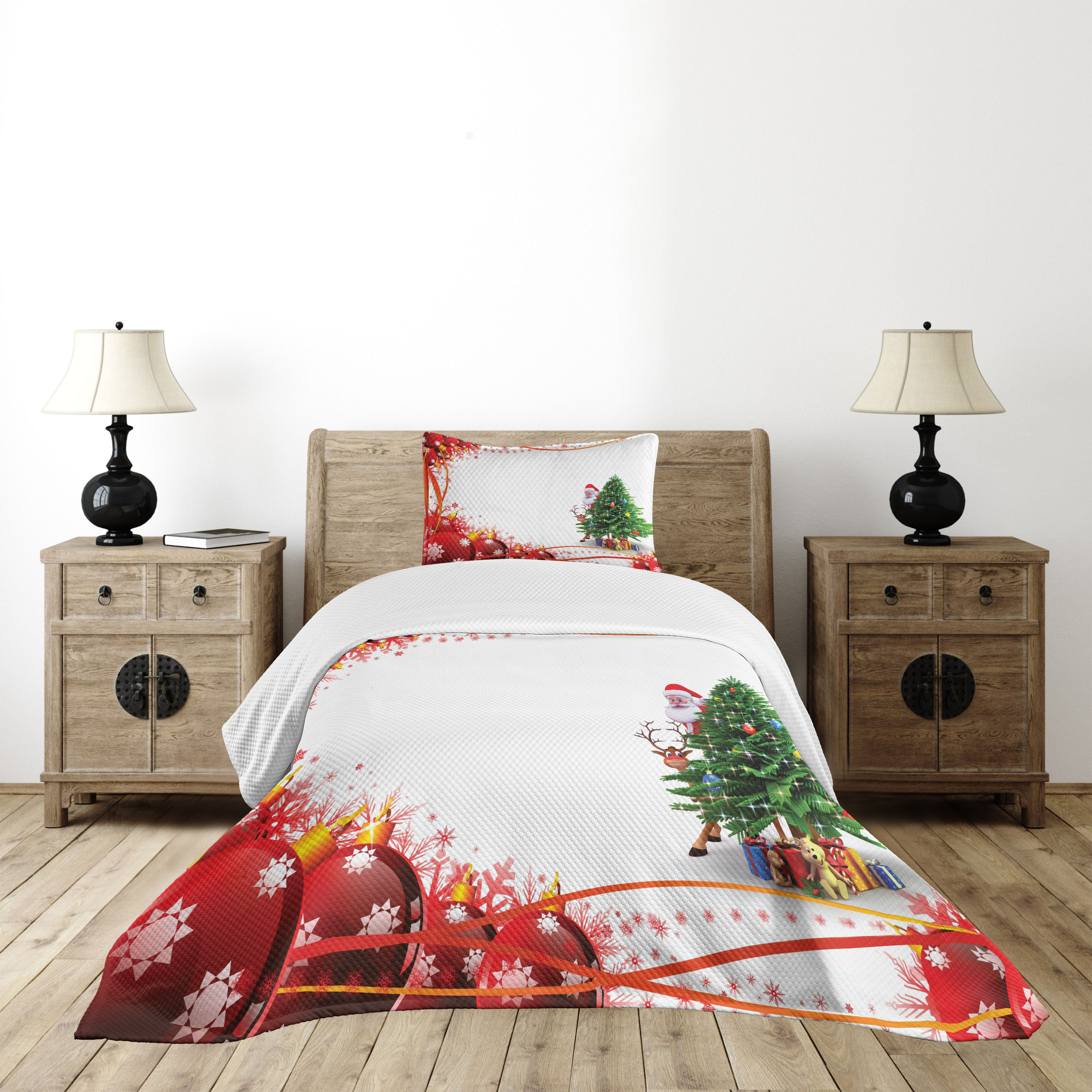 Ambesonne Santa Bedspread Set Red Balls Tree Multicolor | Wayfair