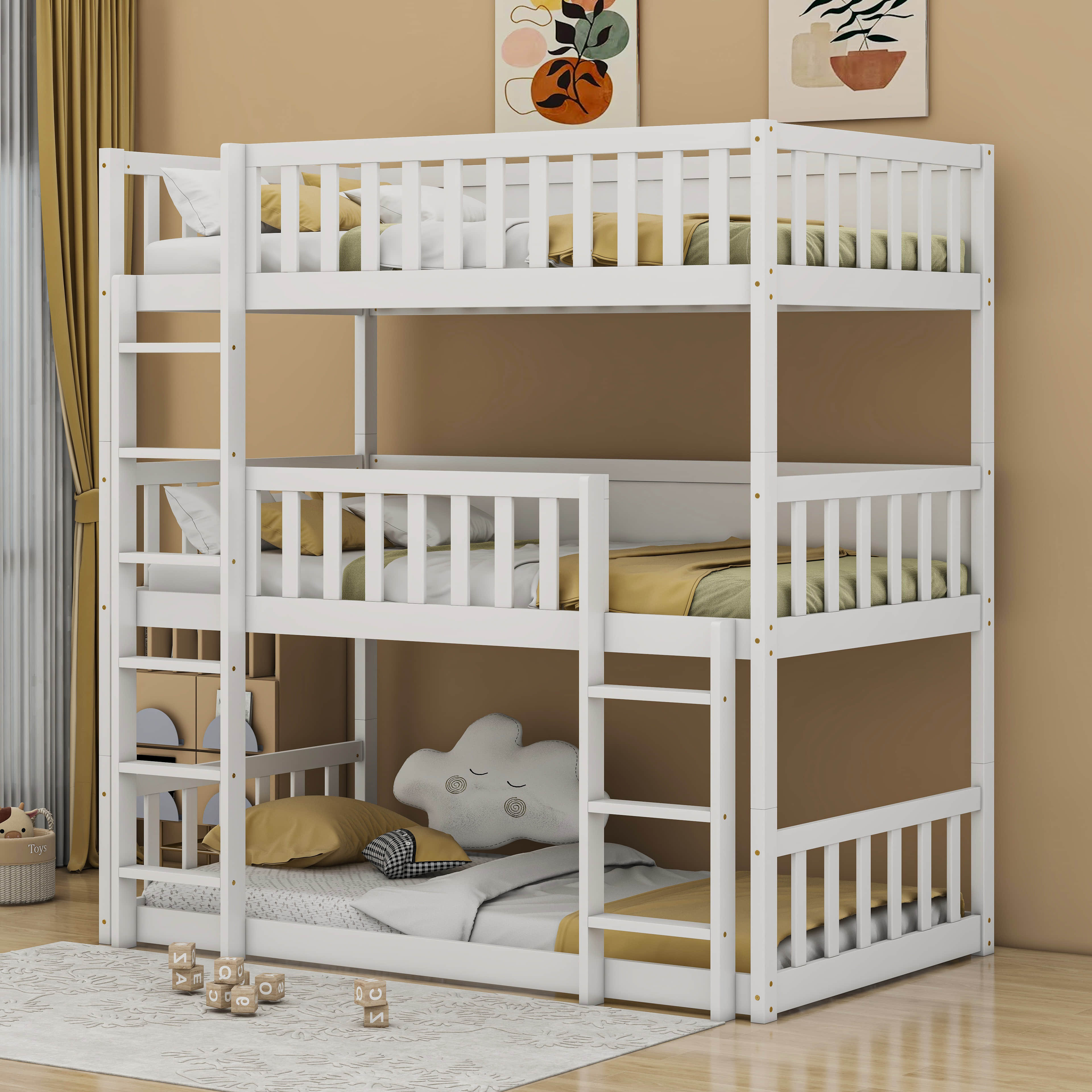 Cosmic Twin Over Twin Over Twin Triple Rubber Wood Bunk Bed, Detachable ...