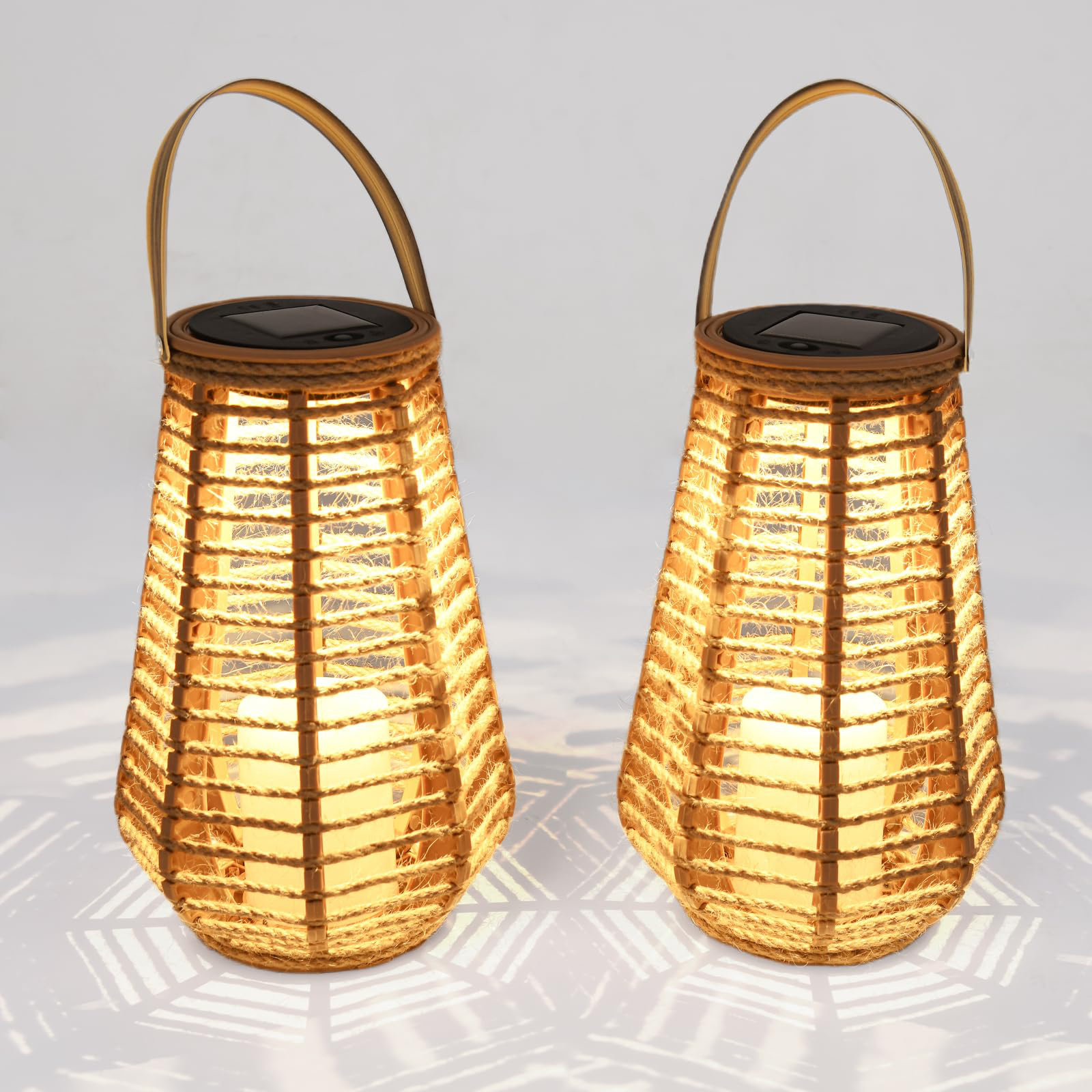 QIANXI Elegant Solar Hemp Rope Lanterns Set Of 2, Natural Colour, Solar ...