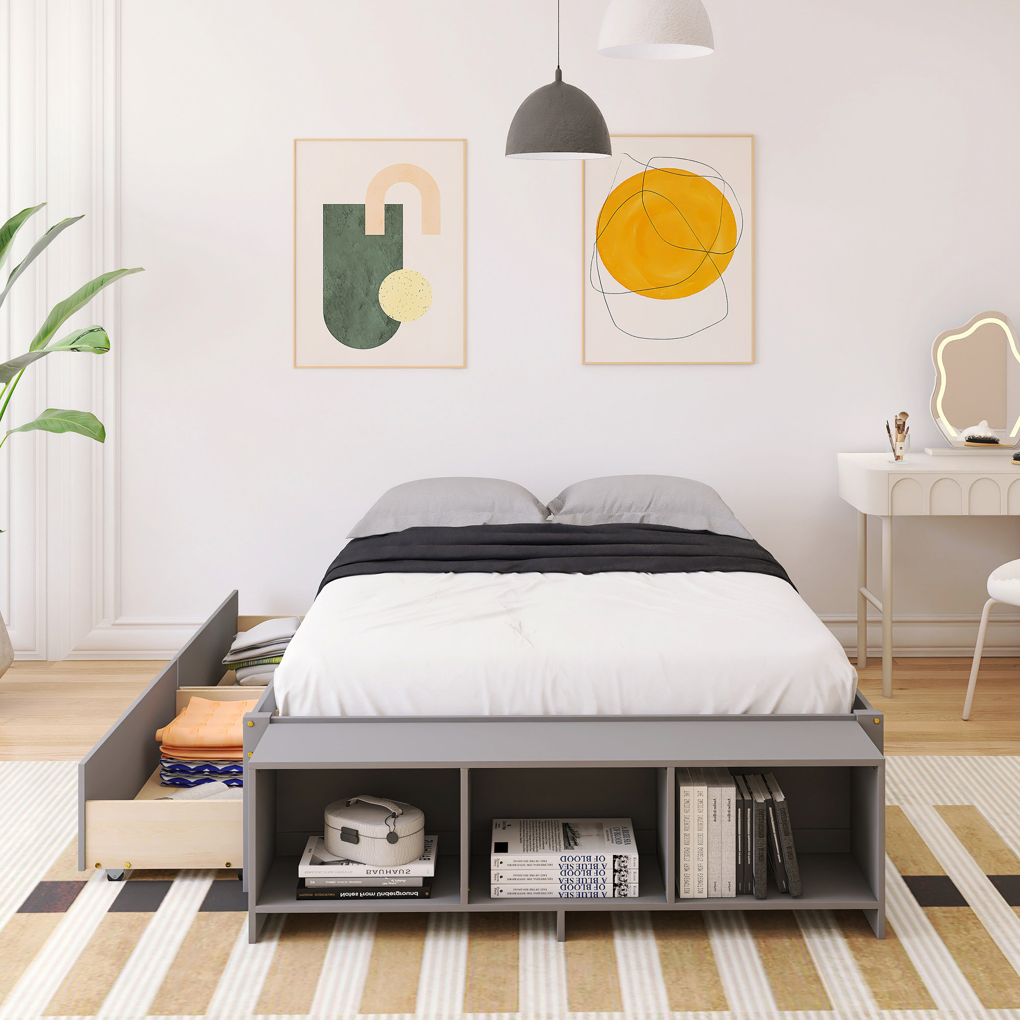 mantelmemories Gray Wood Frame Full Bed With Storage Case, 2 Storage ...