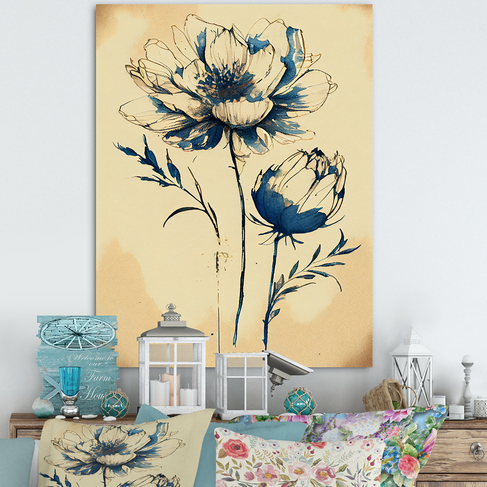 Red Barrel Studio® Blue Vintage Flower Blooming VI - Floral Canvas Wall ...