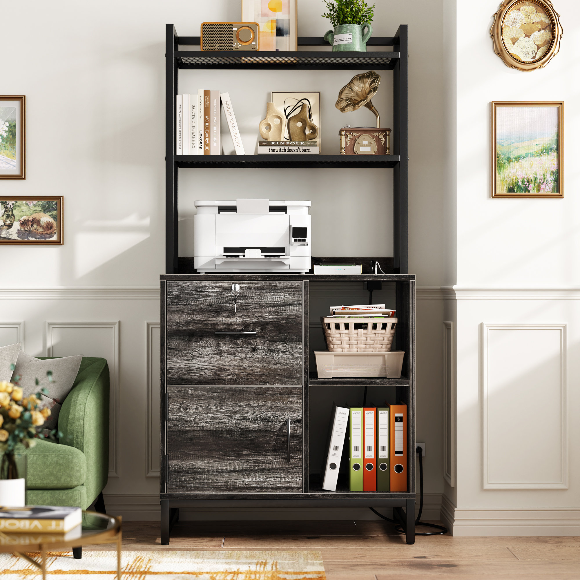 Latitude Run® Large Drawer Wood Bookshelf With Lock & Charging Station ...