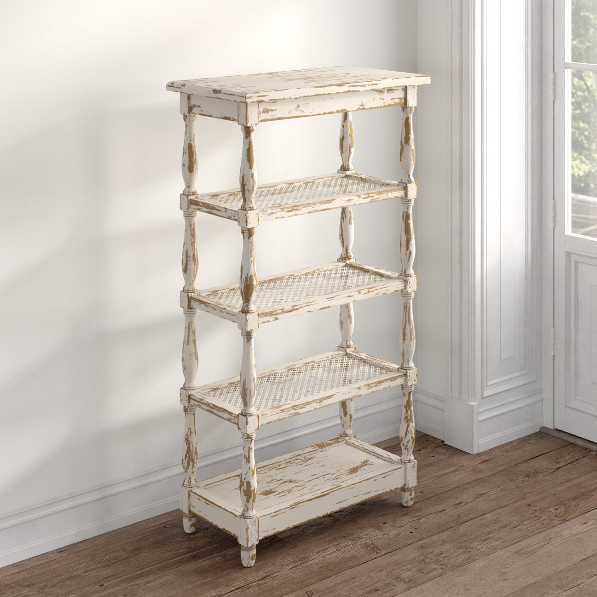 Kelly Clarkson Home Adella White Wood Distressed Open 5 Shelf Shelving ...