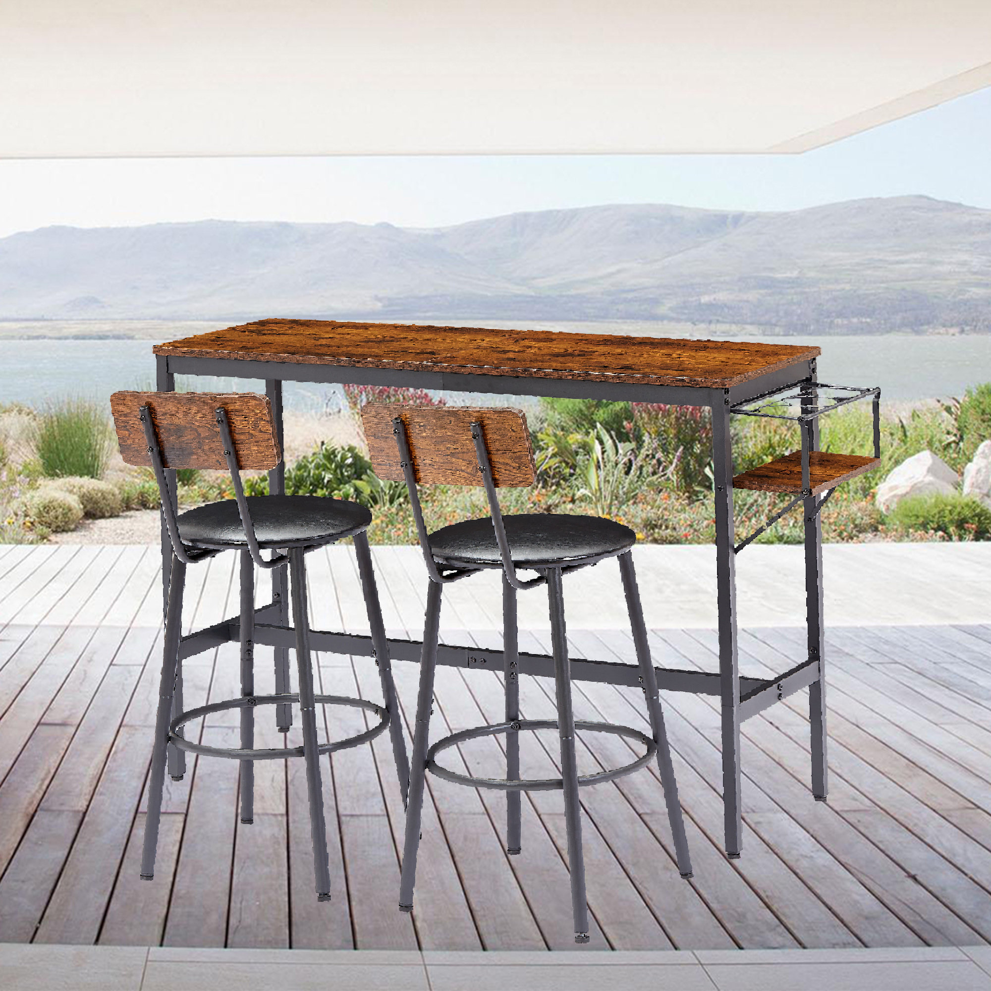 17 Stories Rustic Brown Bar Table Set With Wine Bottle Storage Rack ...