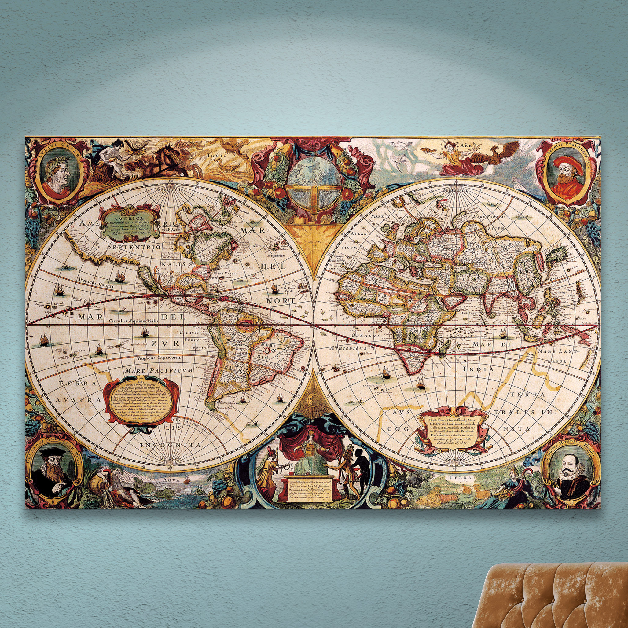 World Menagerie World Map by Henricus Hondius Graphic Art on Canvas ...