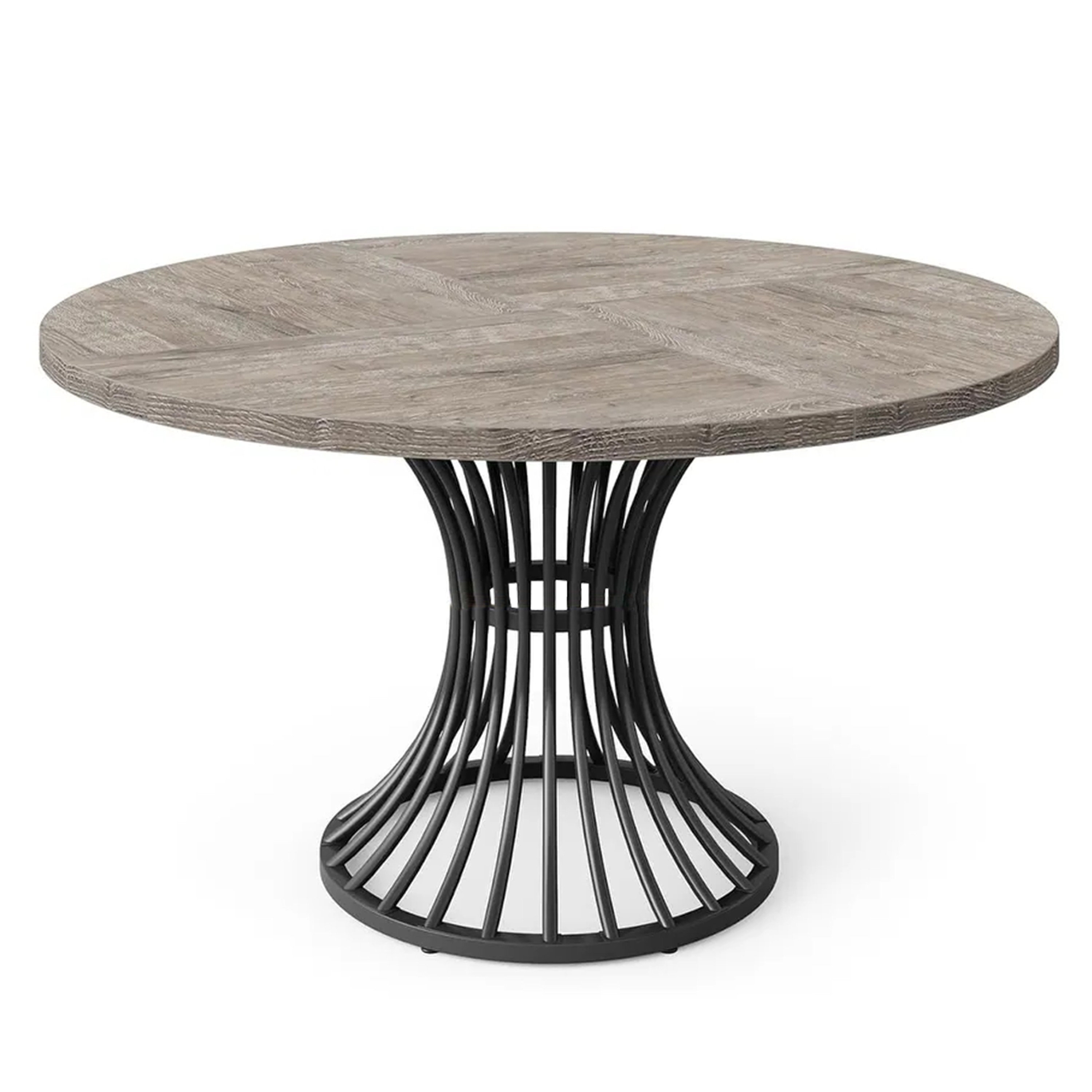 Benjara Dining Table, 47 Inch Round Gray Wood Top, Black Metal ...