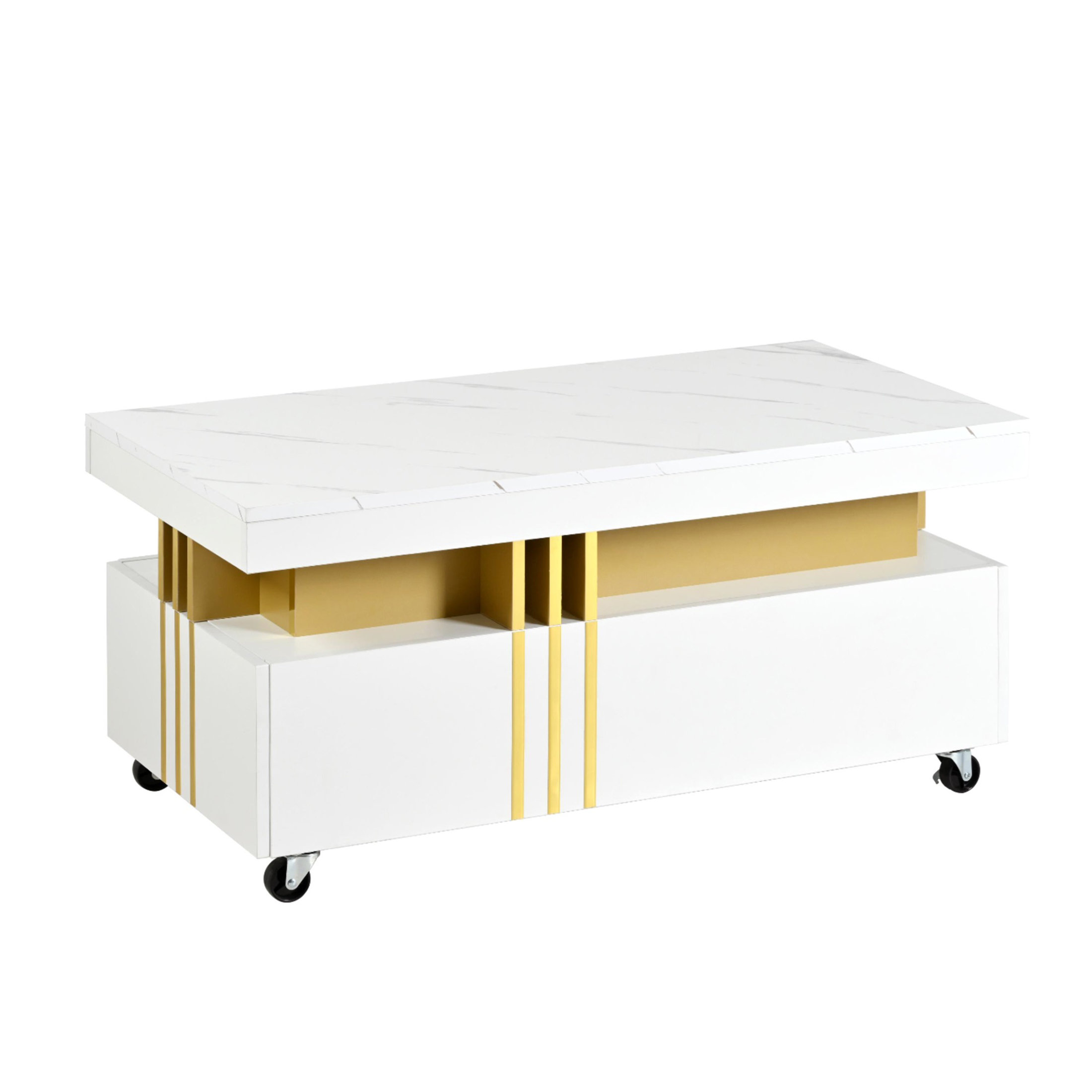 Mercer41 Contemporary Coffee Table with Faux Marble Top, Rectangle Cocktail Table with Caster ...