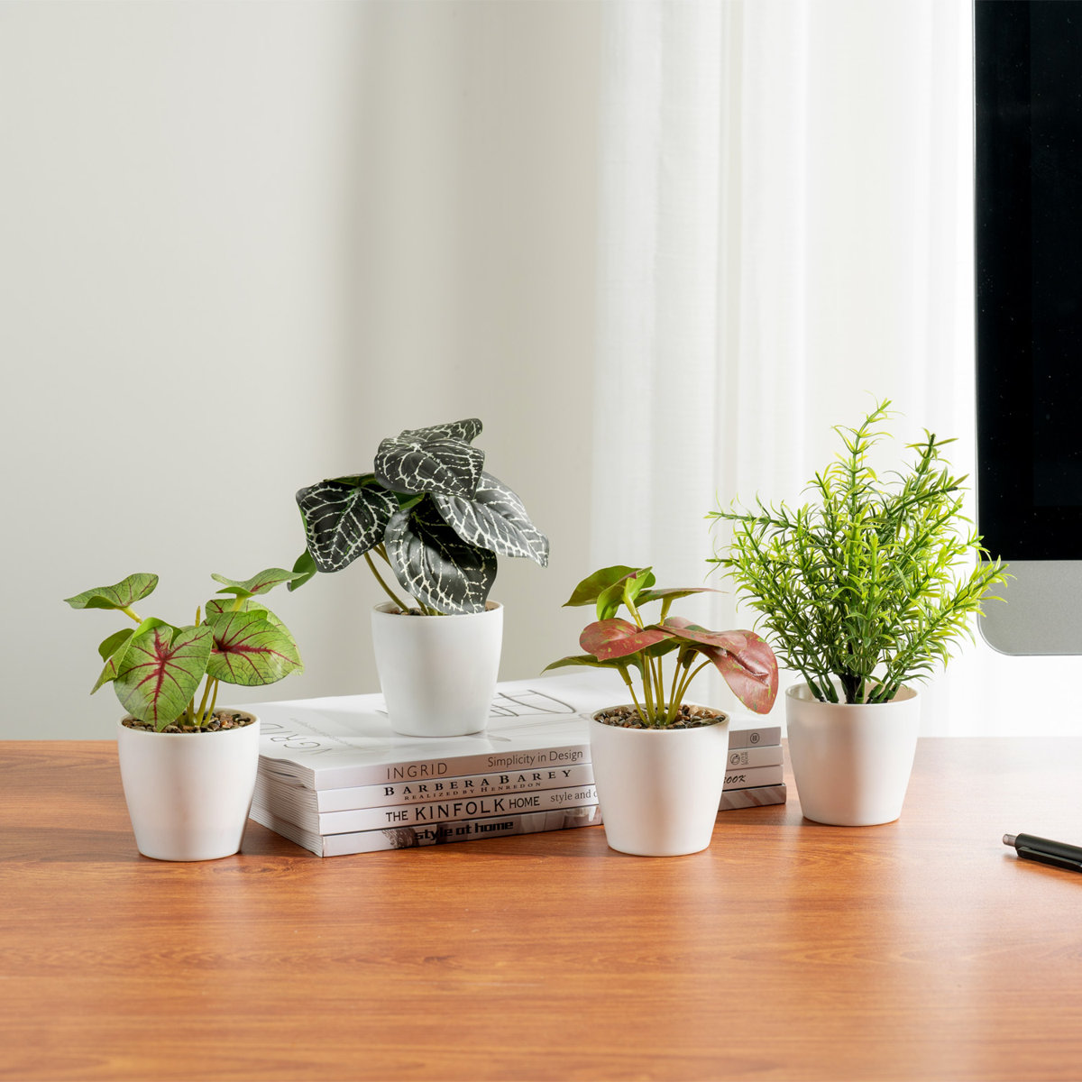 Primrue 4 Piece Fuax Fake Mini Foliage Artificial Plants White Pot ...