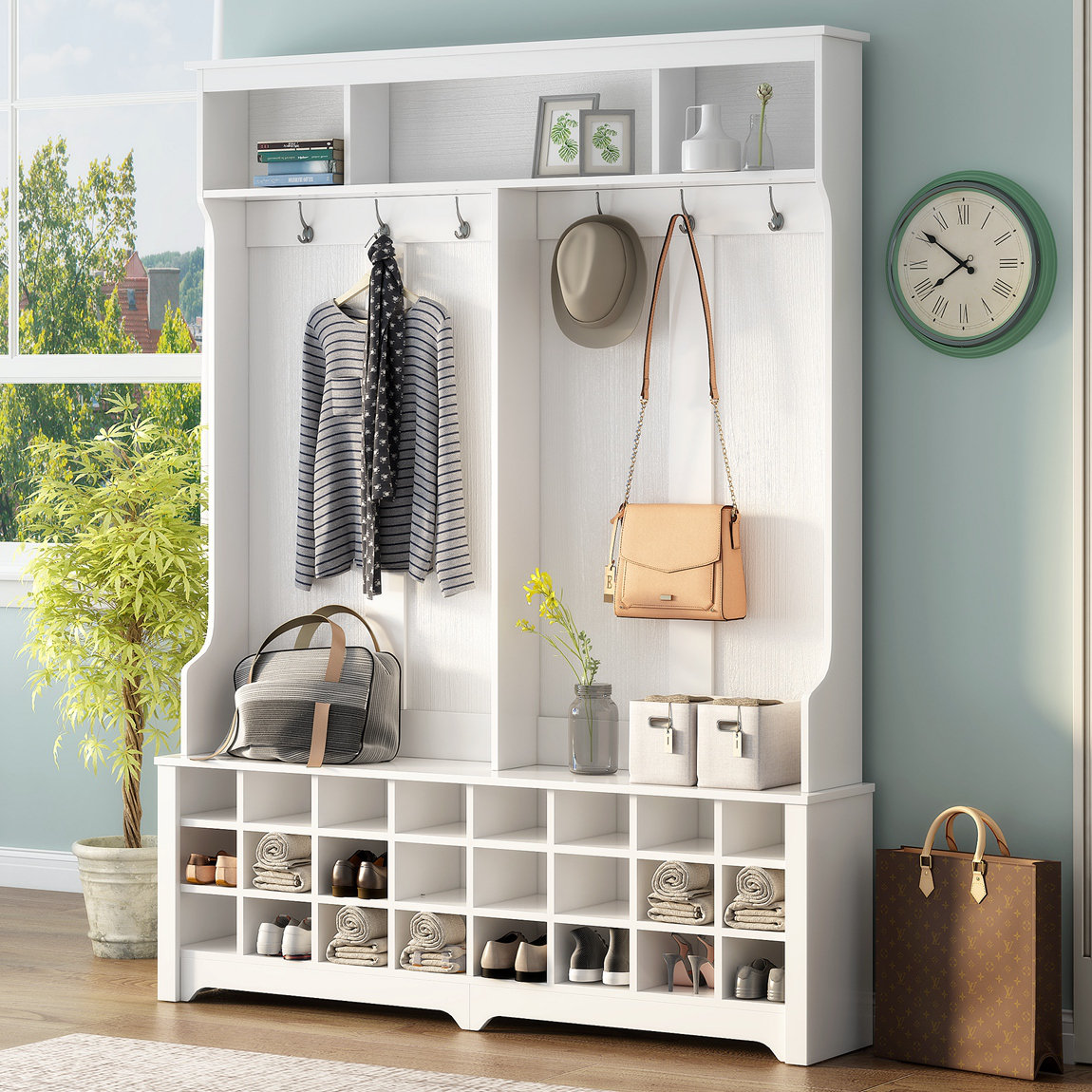 Hokku Designs 4 Pair Hall Tree Shoe Storage Bench Entryway Coat And ...