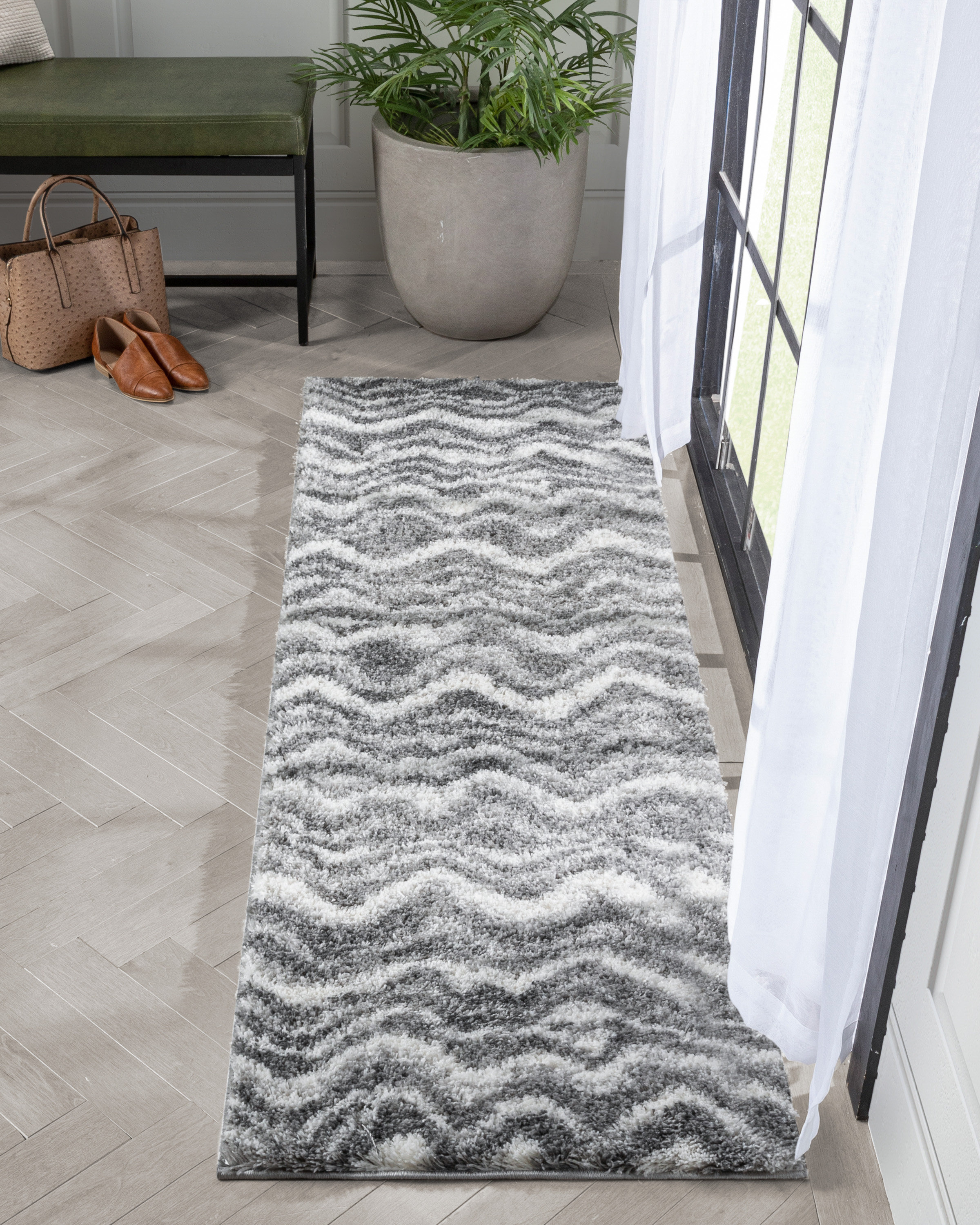 Union Rustic Mareco Tomar Modern Chevron Pattern Grey Thick & Soft Shag ...
