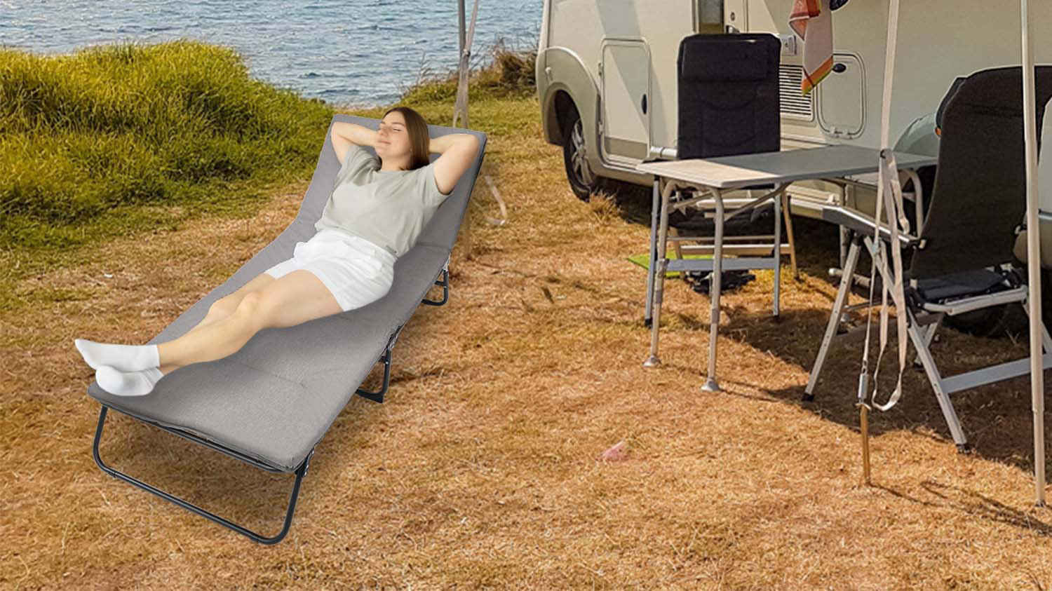 Ebern Designs Folding Camping Cot for Adults, 5-Angle Adjustable ...