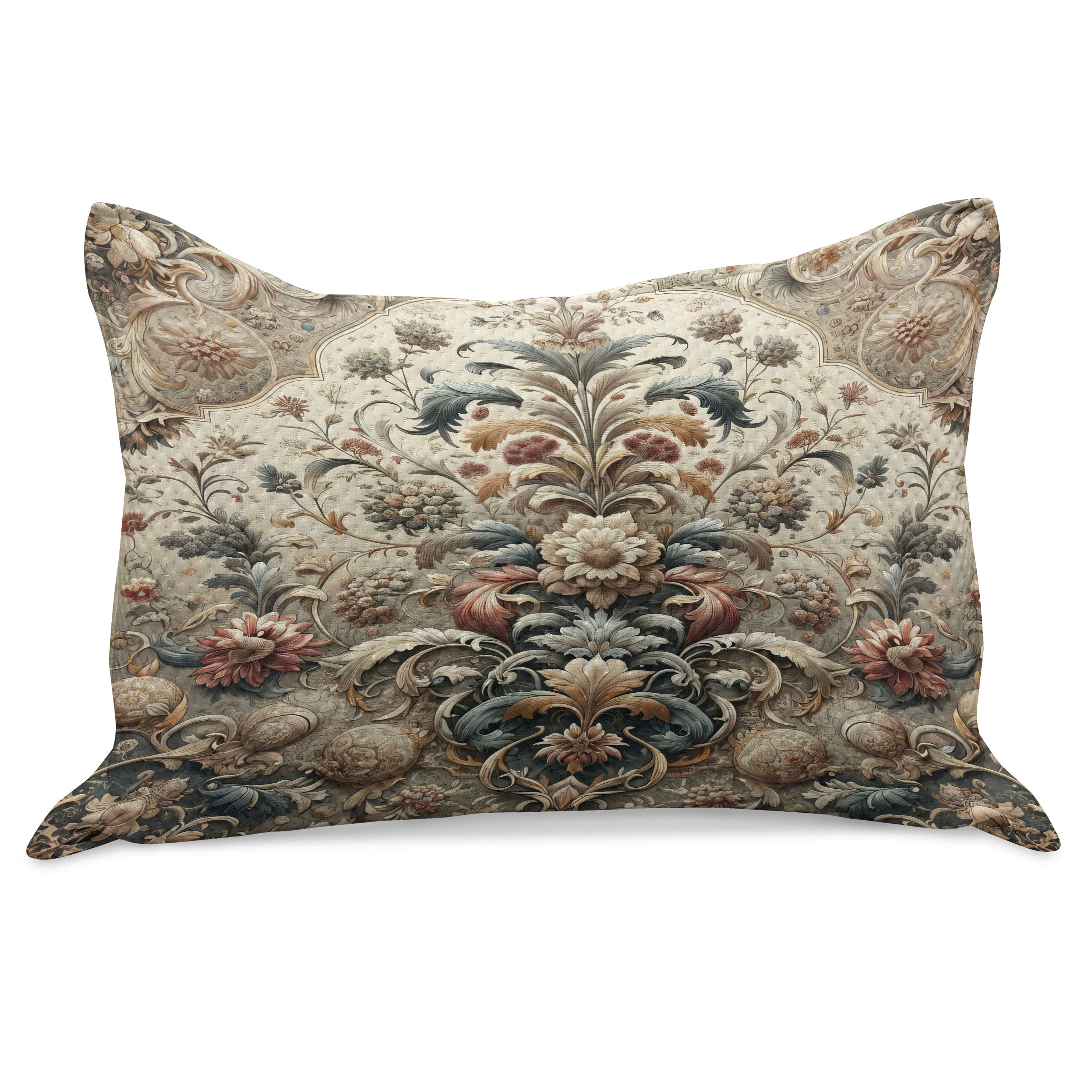 Ambesonne Rococo Quilt Pillow Cover Palatial Flowers Posh Ethnic Tan ...