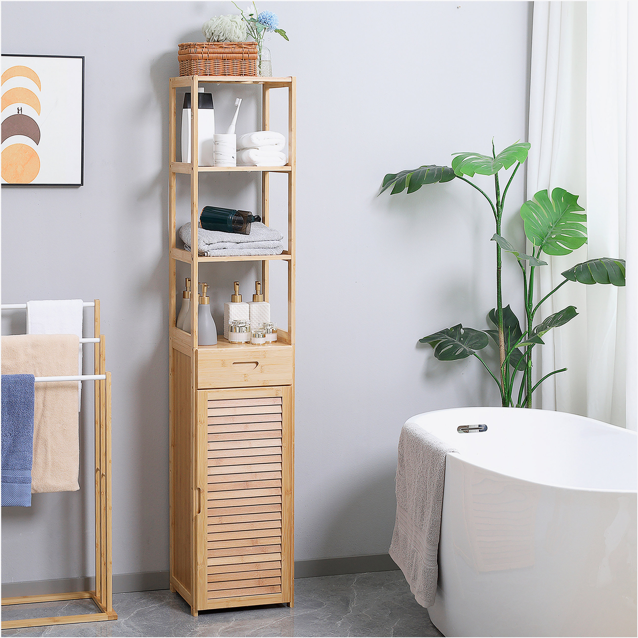 Dovecove Tall Bathroom Cabinet with Drawer and Slatted Shelves, Slim ...