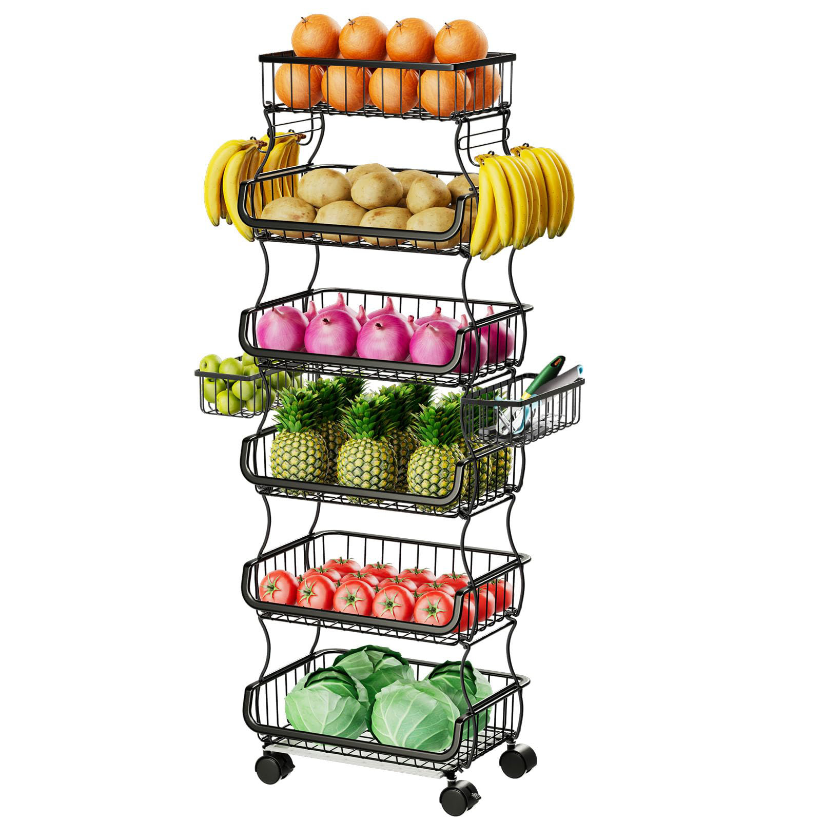 BBCPC 6-Tier Rolling Stackable Metal Basket Cart with Wheels & Hanging ...