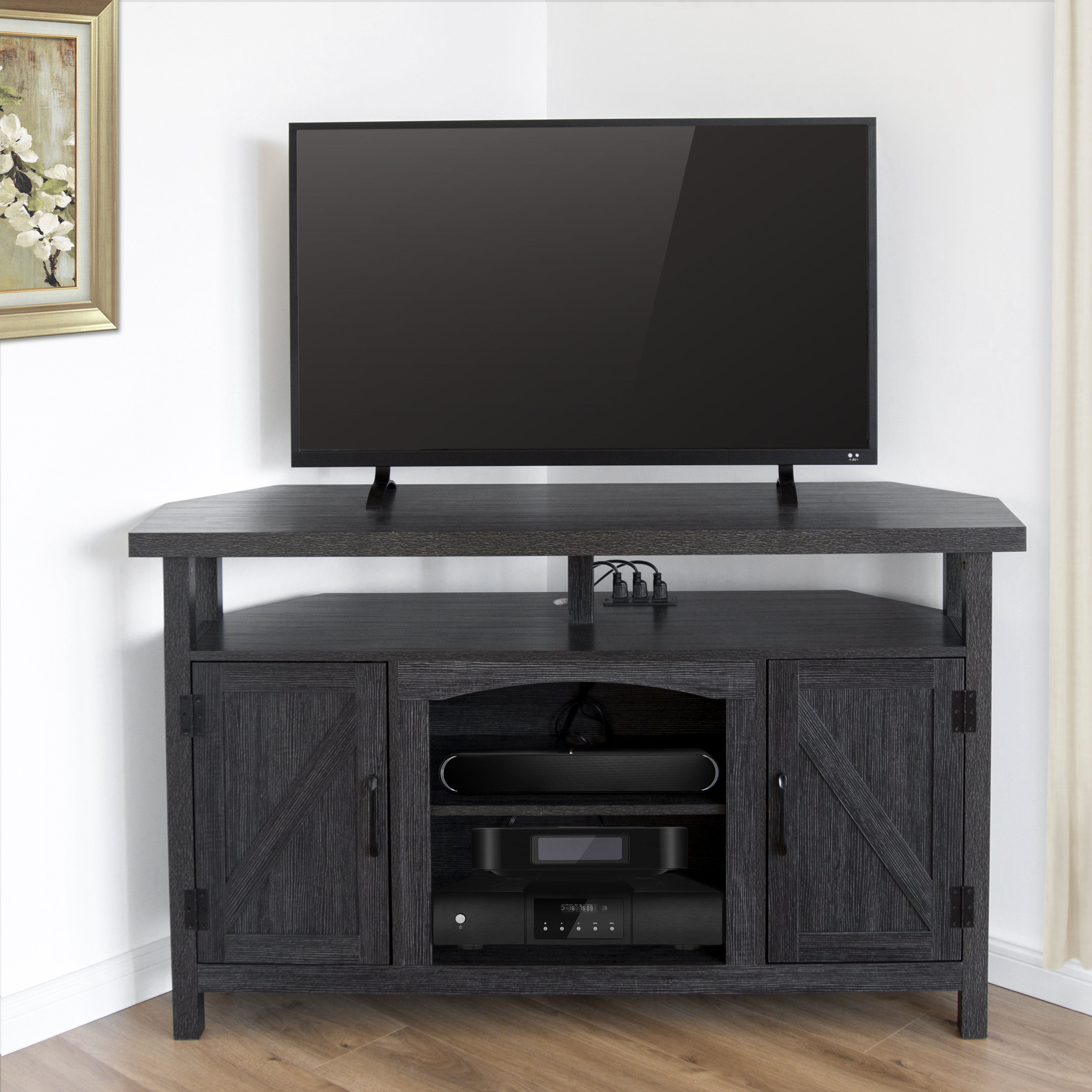 Gracie Oaks Nasho Farmhouse Corner TV Stand with USB Ports and Outlet ...