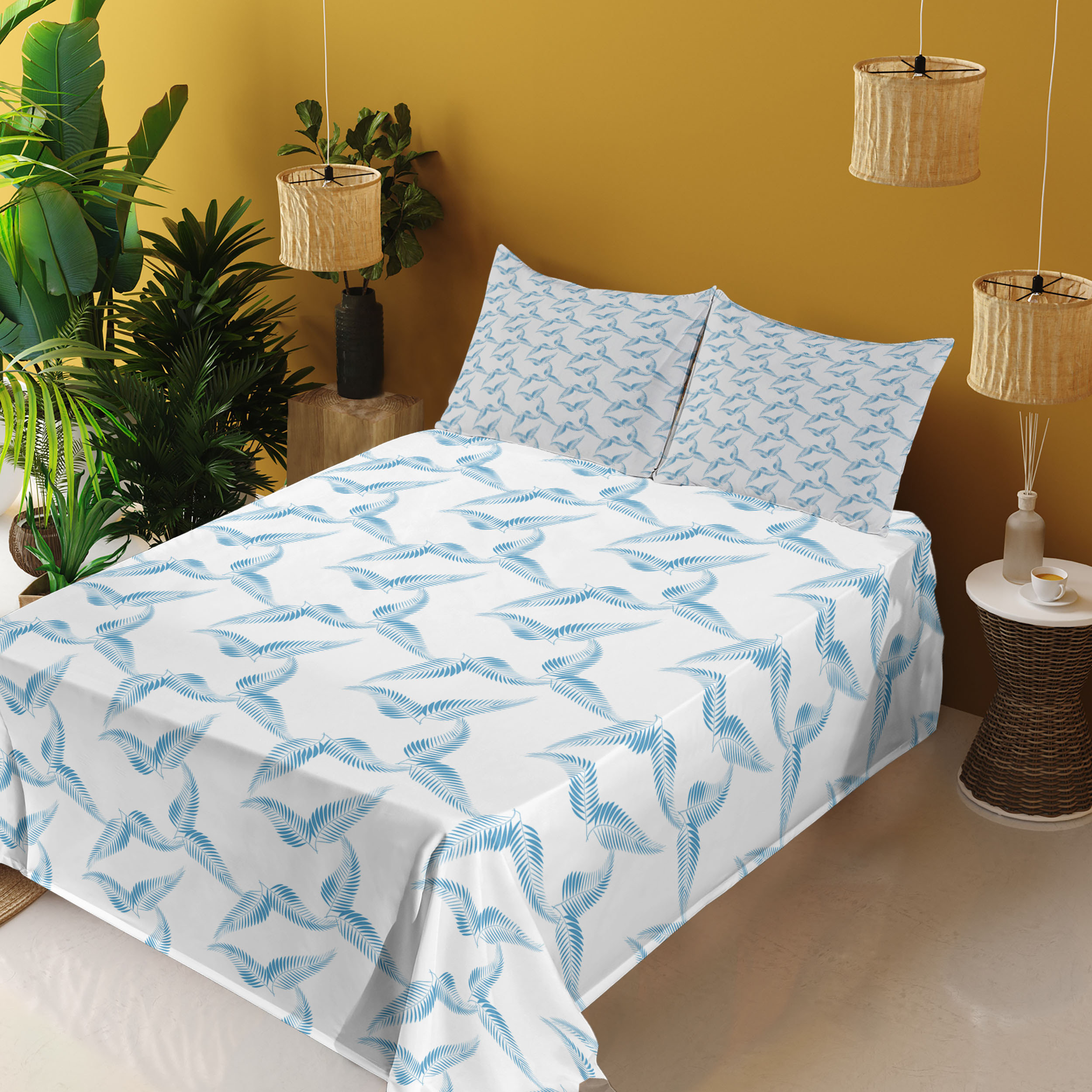 Ambesonne Tropical Sheet Set Simplified Palm Foliage Deep Sky Blue and ...