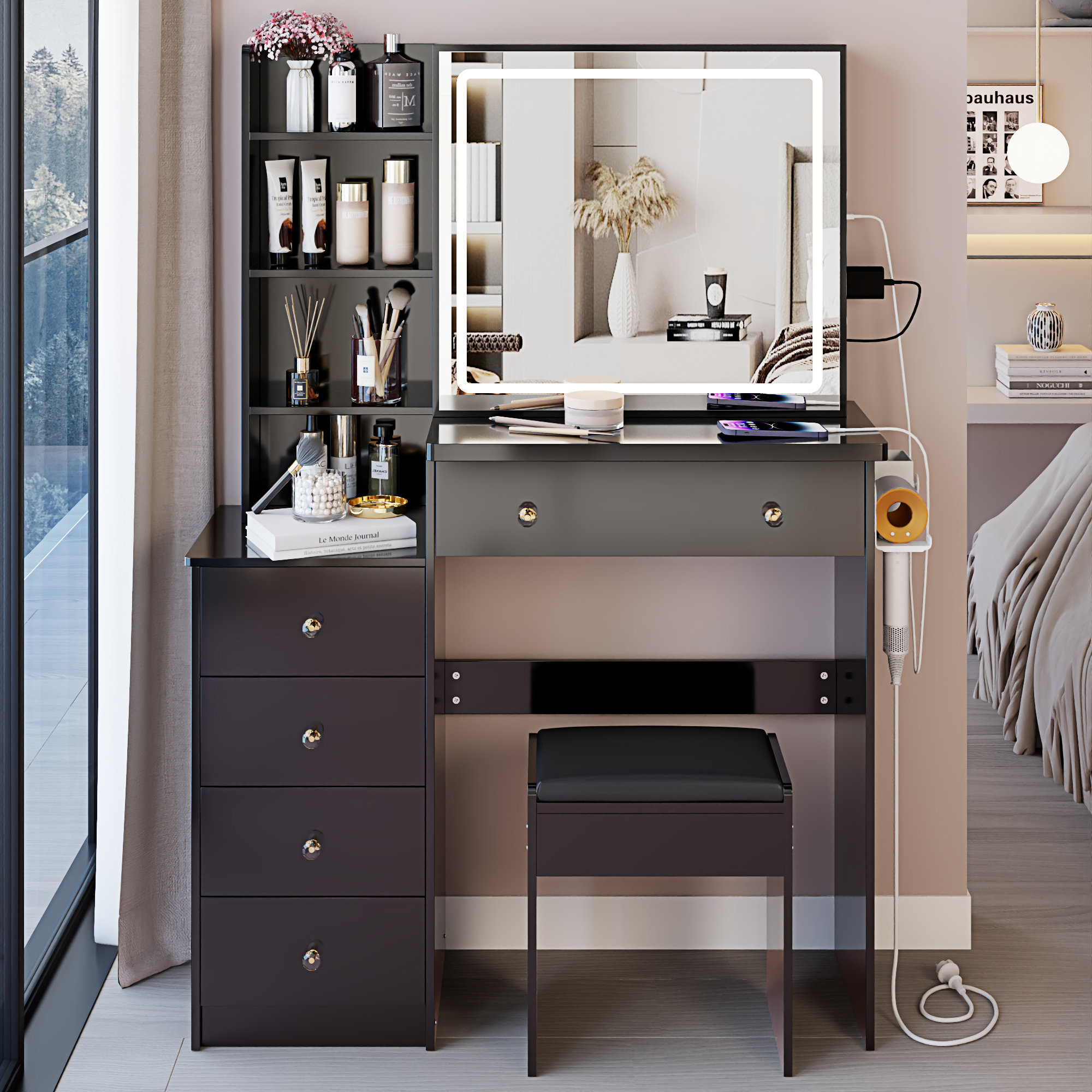 Latitude Run® 37" Middle Size Left Bedside Cabinet Vanity Table ...