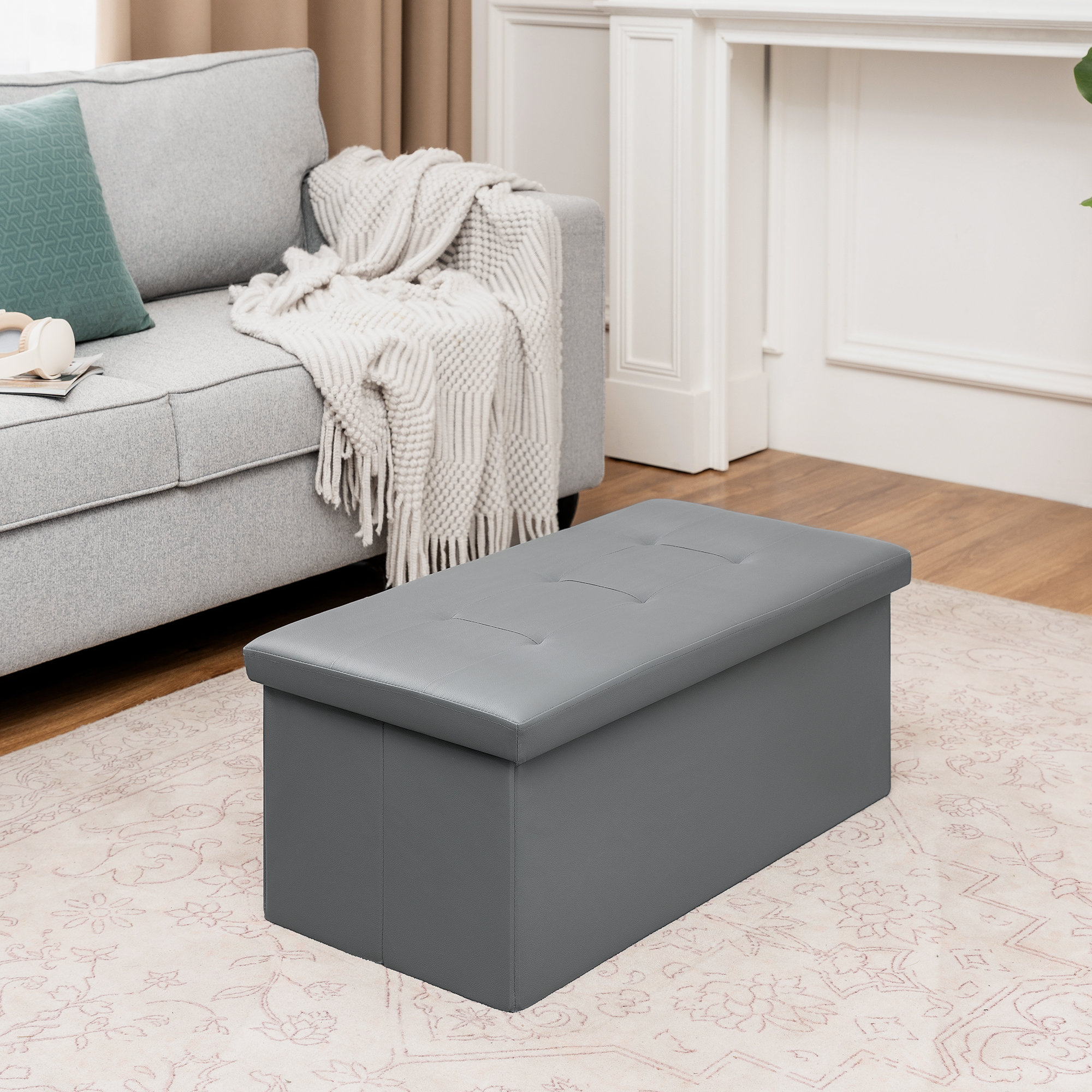 Ebern Designs Folding Storage Ottoman With Tray Top – Faux Leather, 30 ...