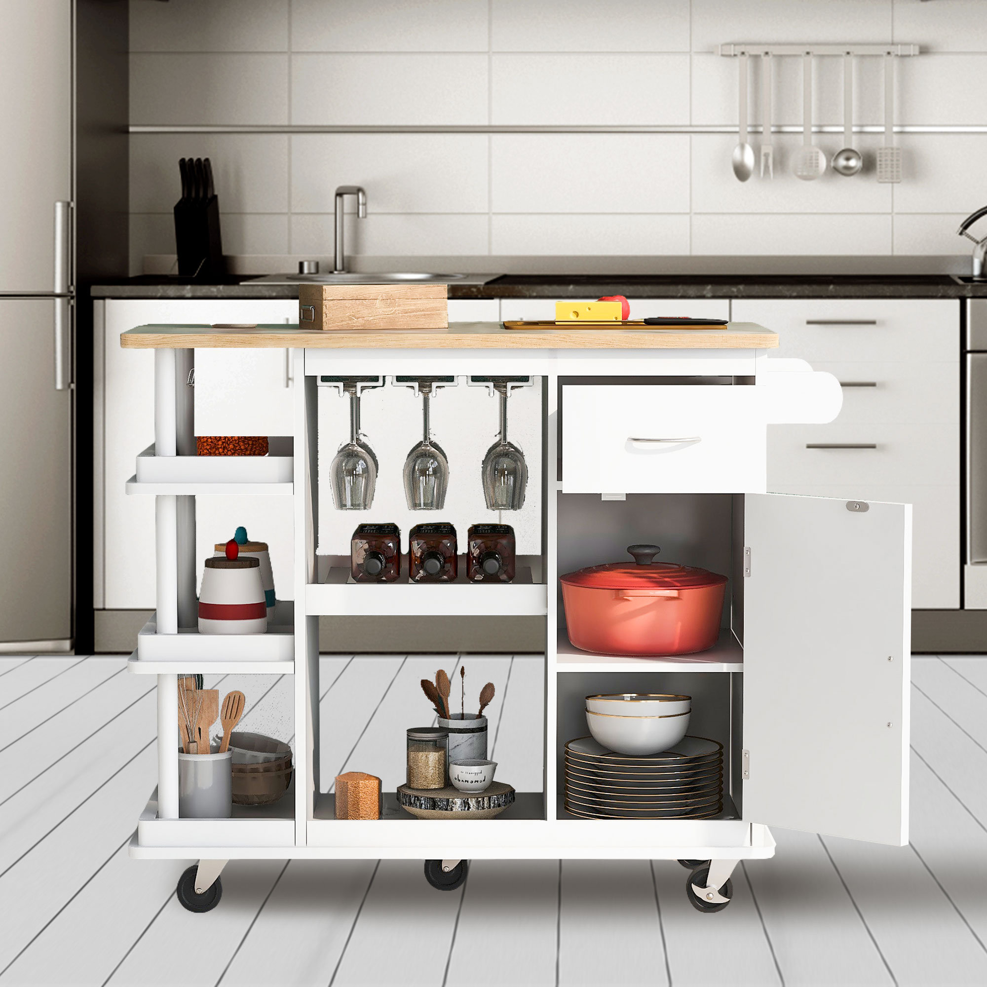 Latitude Run® Multipurpose Kitchen Cart Cabinet,With Side Storage ...