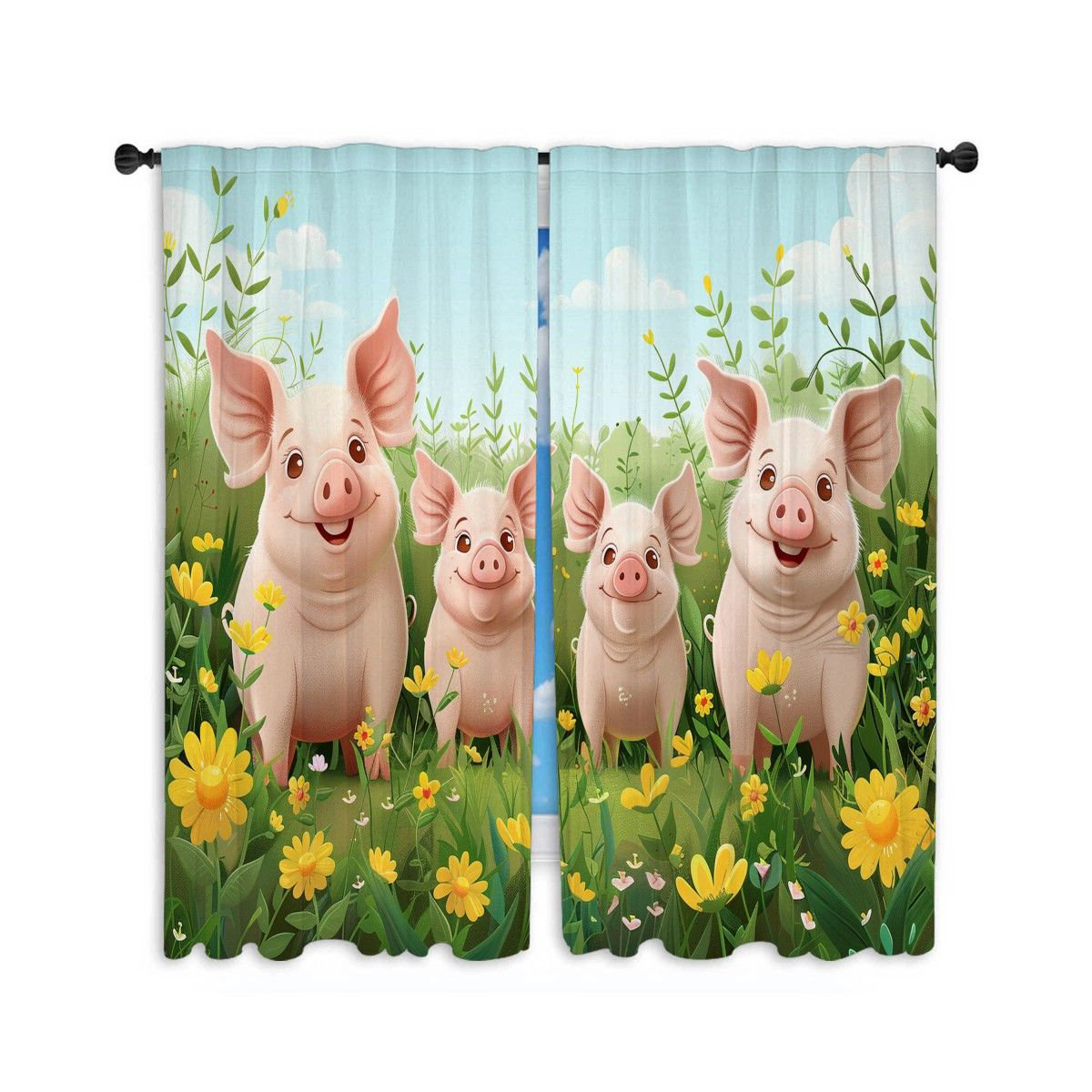 VisionDecor 12124_Smiling pigs Window Curtains Animal Joyful group ...
