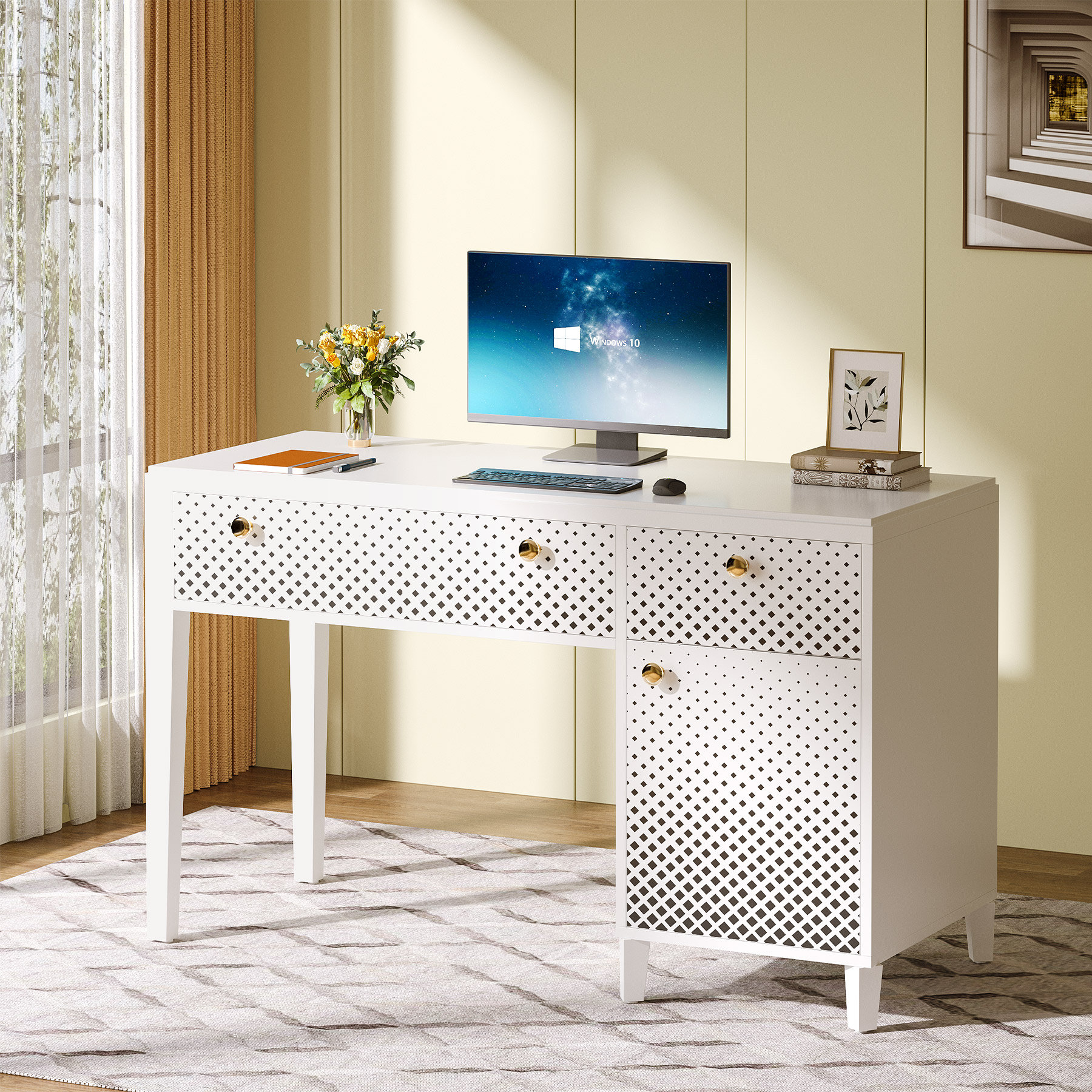 Latitude Run® Modern White Computer Desk With 2 Drawers And Cabinet ...