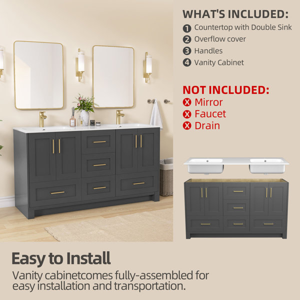 Mercer41 Beunka 60'' Double Sinks Freestanding Bathroom Vanity Cabinet ...