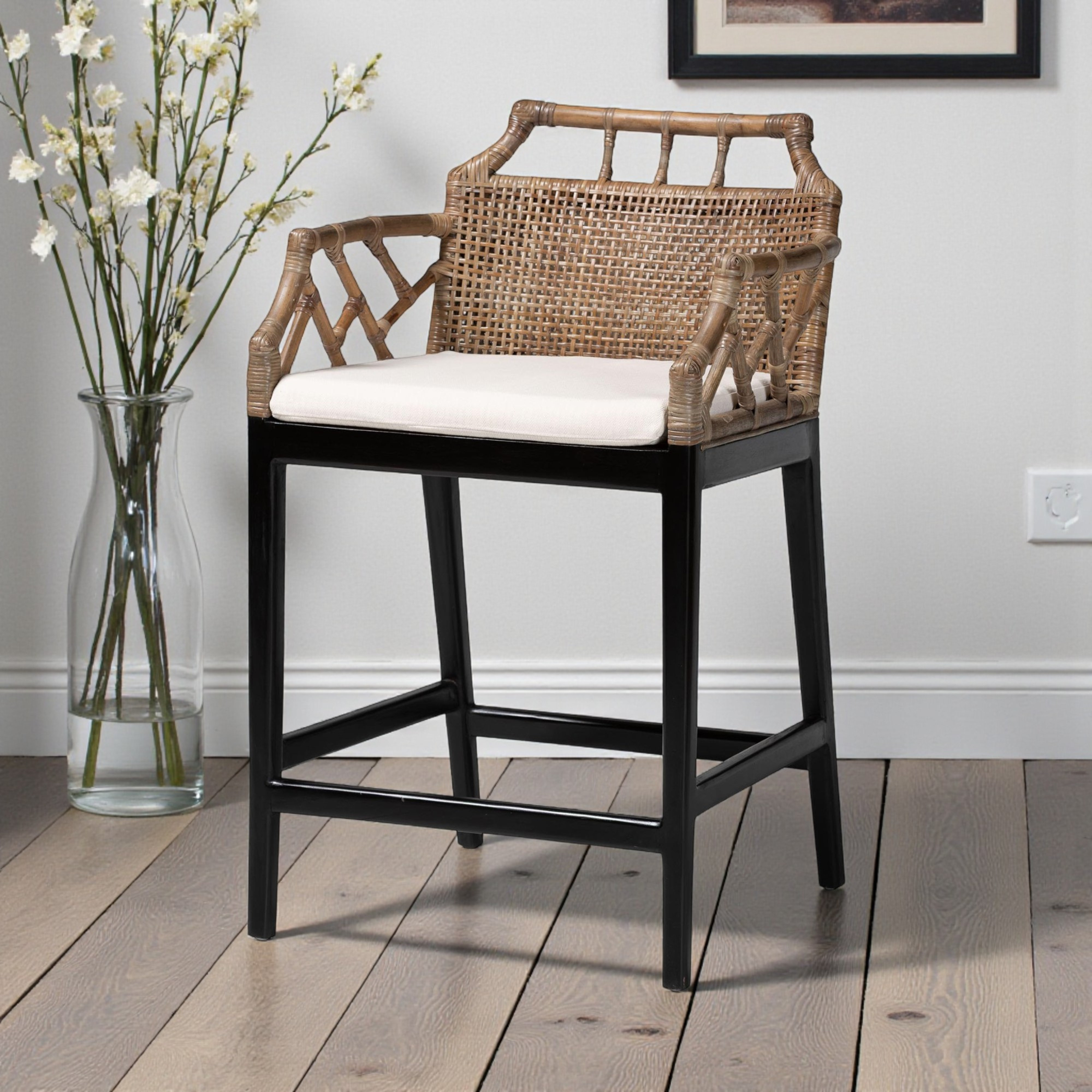 Dakota Fields Zurich Natural Rattan Counter Stool with Arms and ...