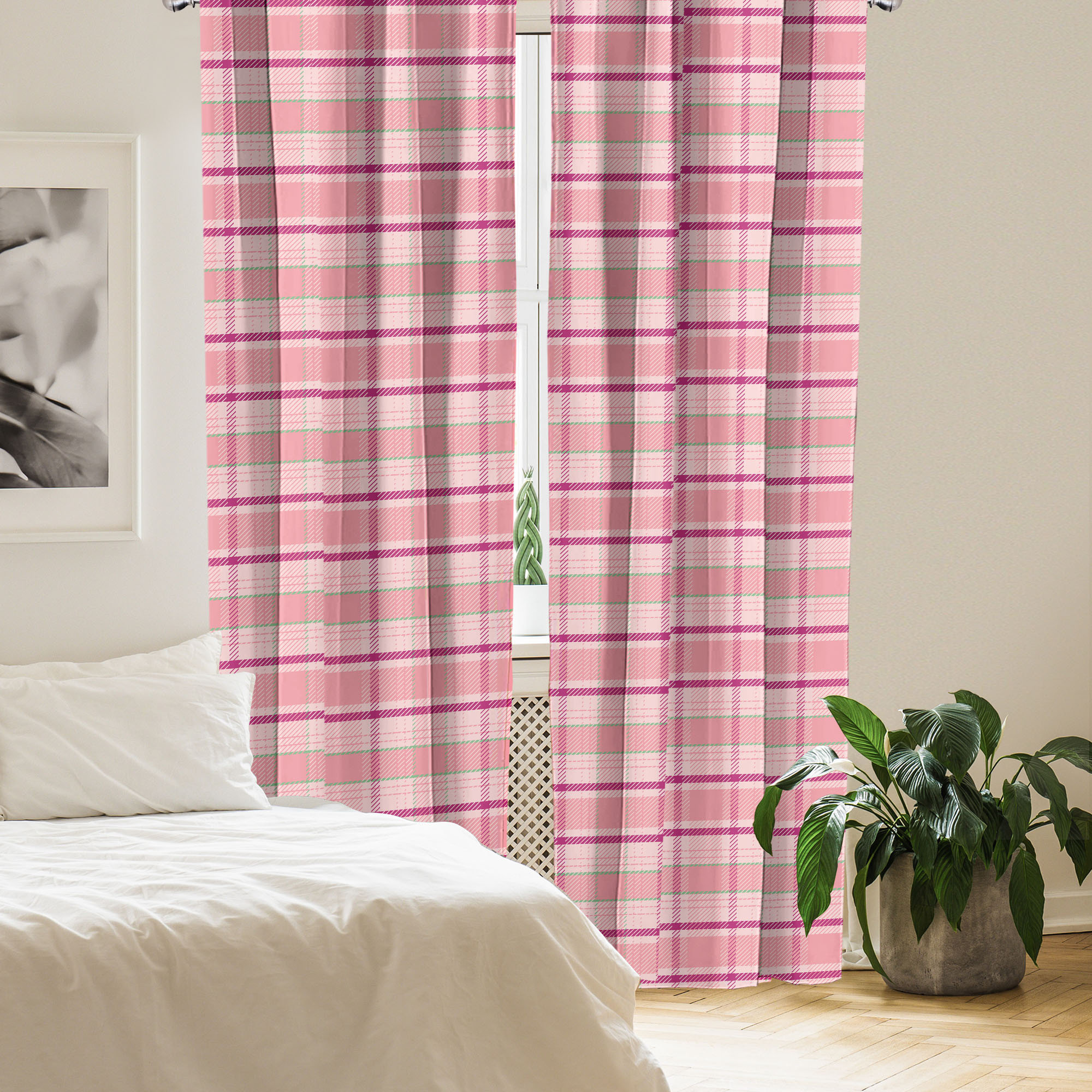 East Urban Home Pink 4-Panel Curtains, Tartan Plaid Pattern Squares ...