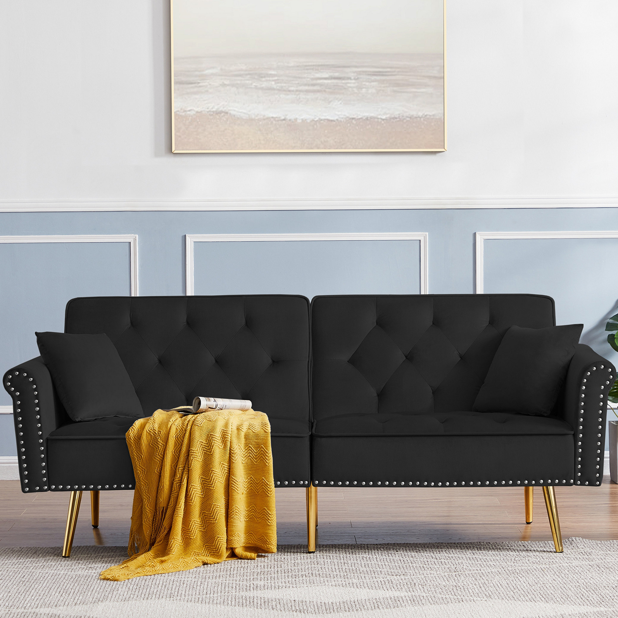 Everly Quinn BLACK Velvet Tufted Sofa Couch with 2 Pillows and Nailhead ...