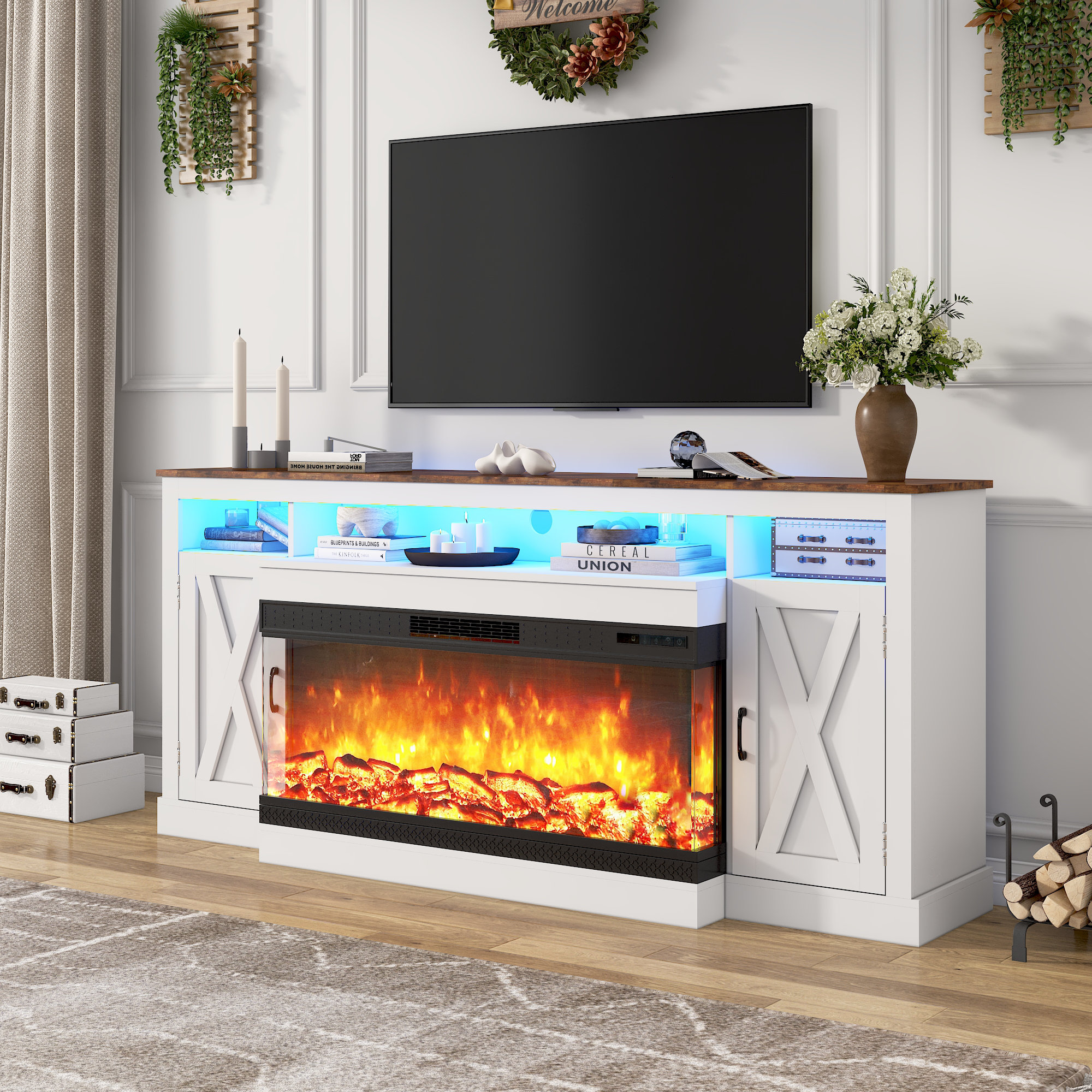Gracie Oaks 74" Farmhouse TV Stand with 40'' 3-Sided Glass Fireplace ...