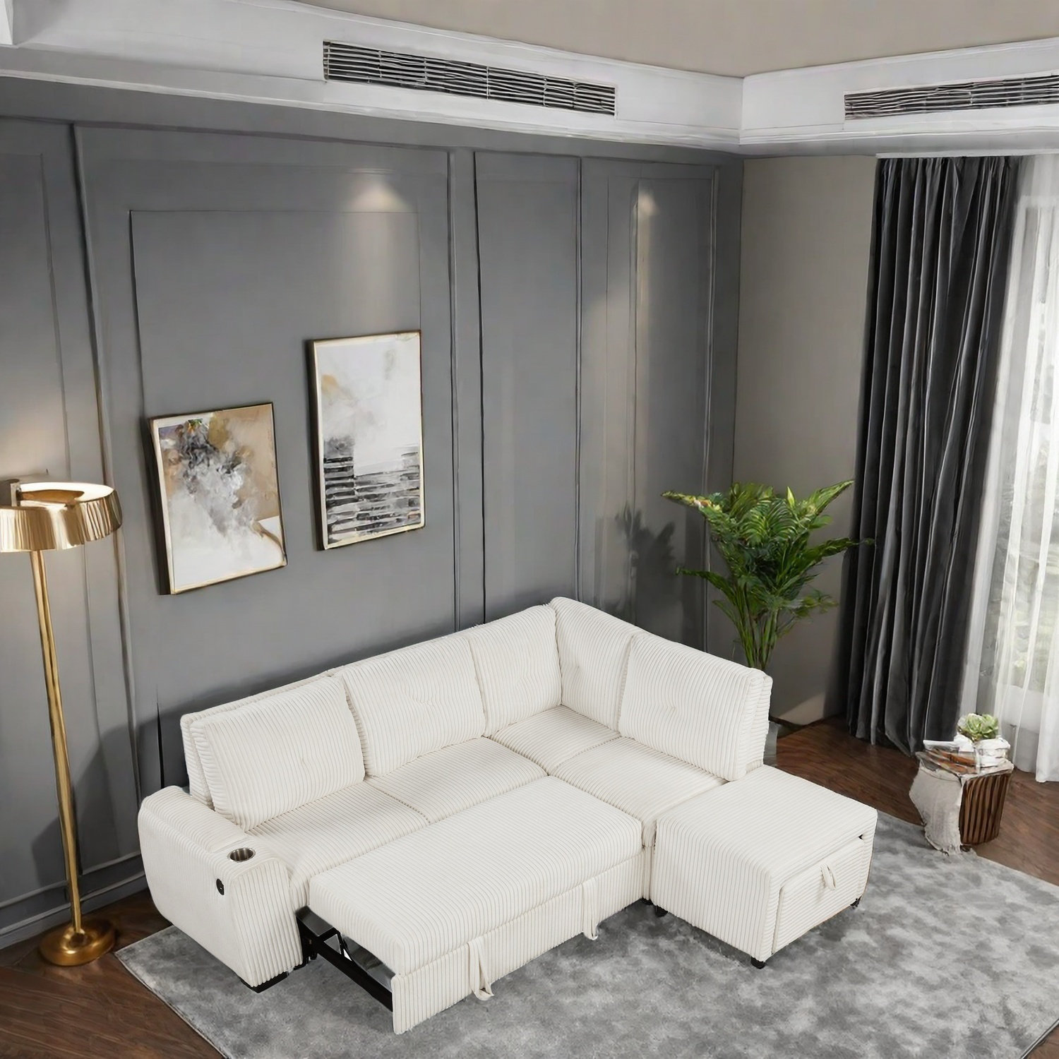 Everly Quinn Convertible Sofa Bed With Movable Ottoman, Built-In Cup ...