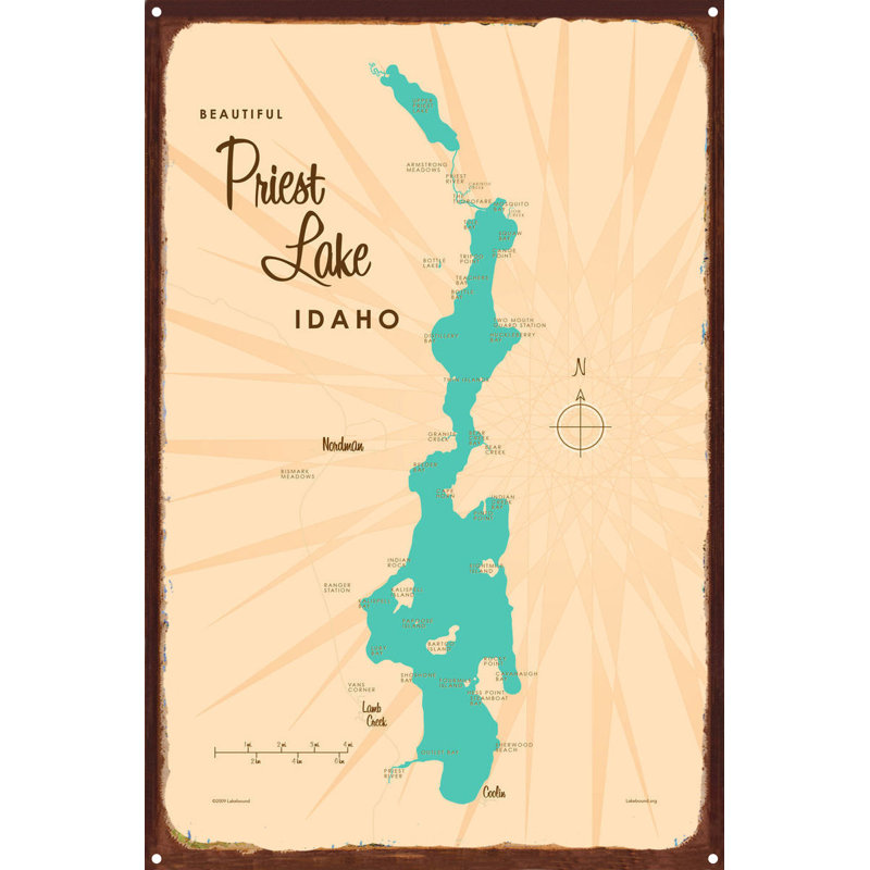 Breakwater Bay Priest Lake Idaho Map Rustic Metal Art Print - by ...