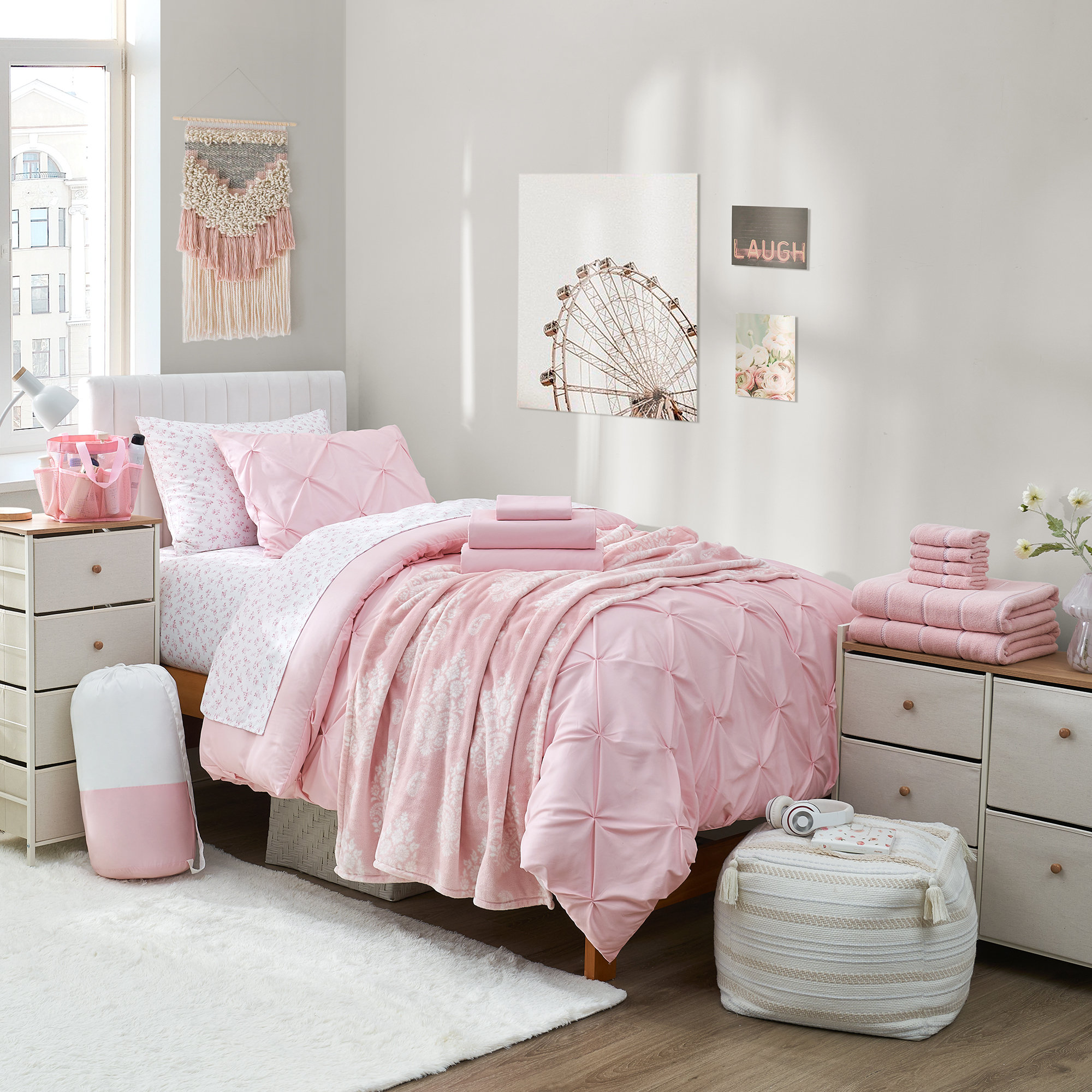 Caro Home Pintuck Solid Light Pink 18PC Twinxl Dorm Kit | Wayfair