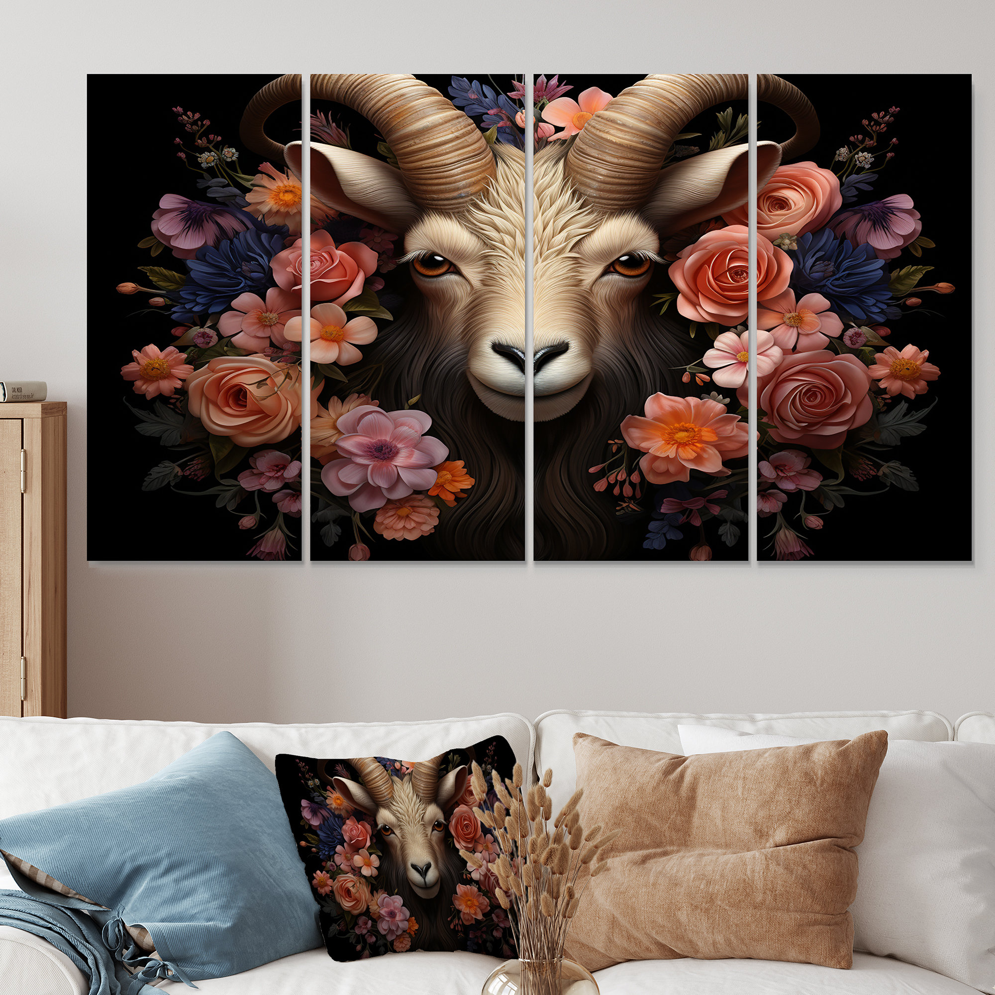 August Grove Pink And Purple Floral Goat Portrait - Goat 4 Piece Wall ...