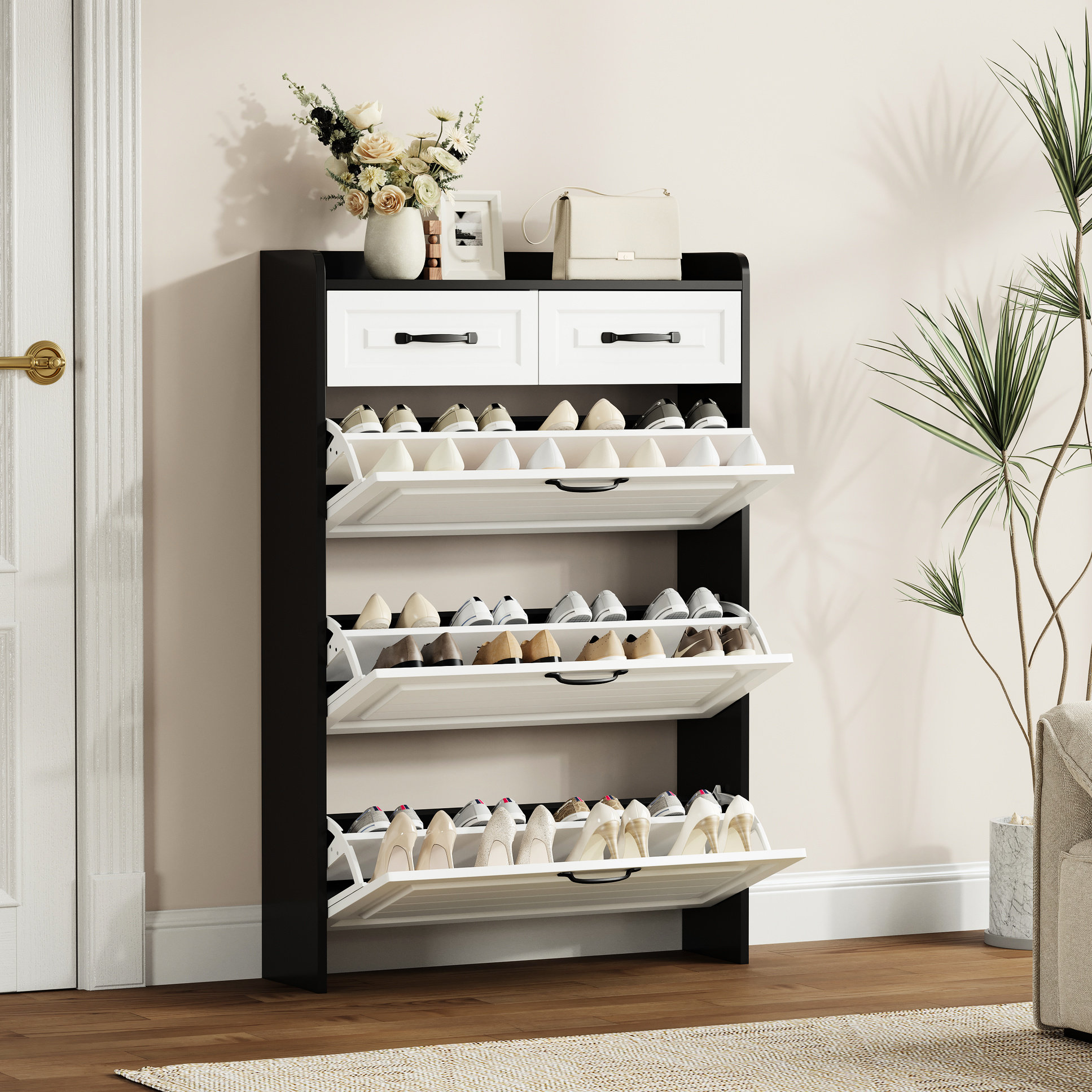 George Oliver Black Shoe Cabinet With 3 Flip Drawers And 2 Drawers ...