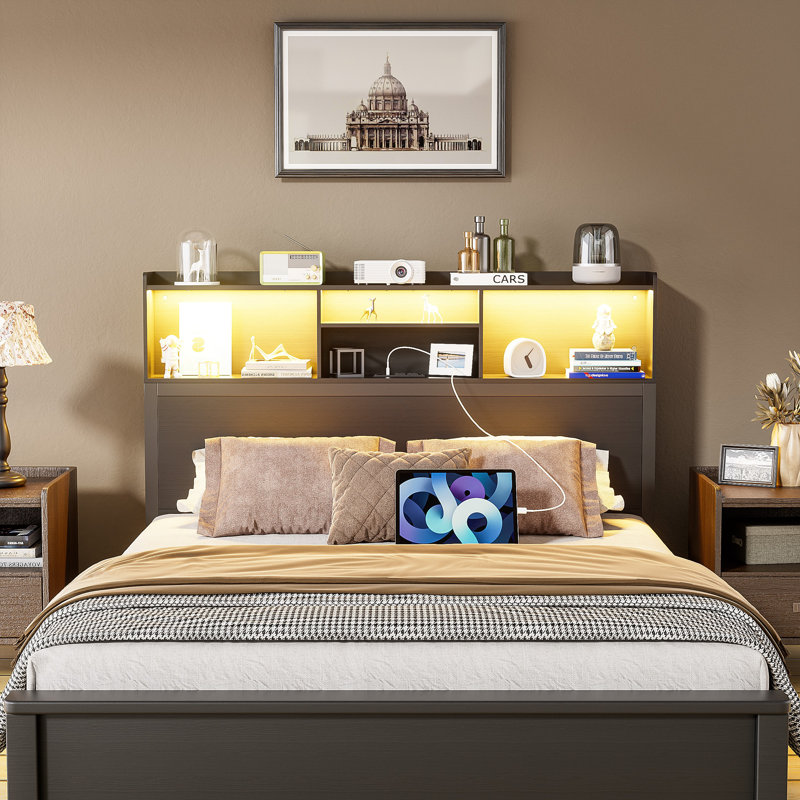 Latitude Run® Sayaan LED Queen Headboard with USB Ports and Side Shelf ...