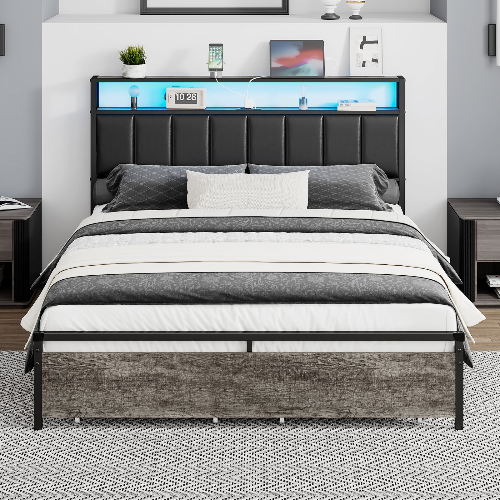 17 Stories Metal Storage Bed Frame With Charging Station & Led Lights ...