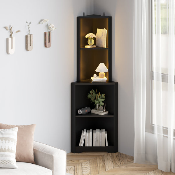 Ebern Designs Black Corner BookShelf with USB Ports and LED Lightline ...