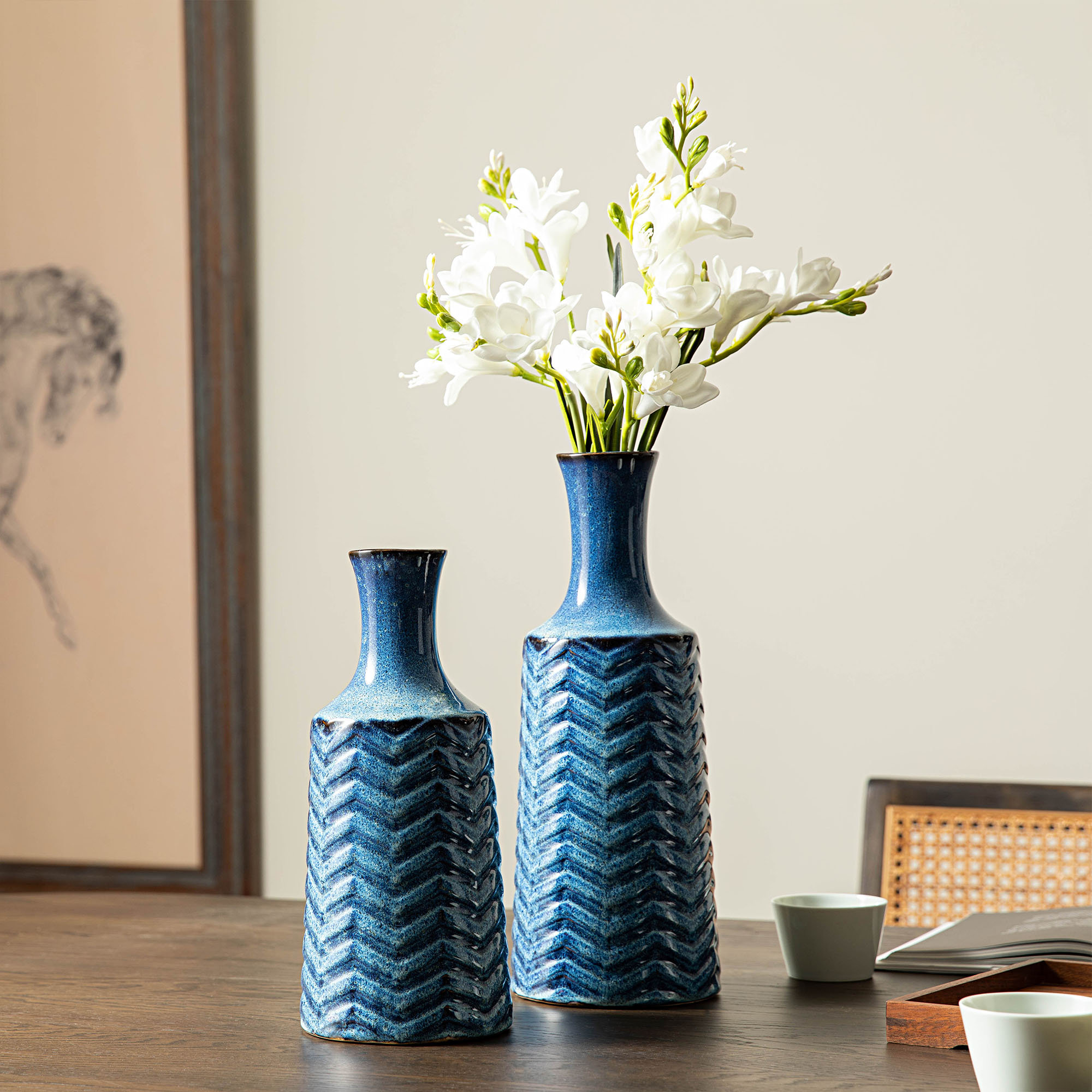 Glitzhome Modern Brilliant Blue Chevron Ceramic Table Vases - Wayfair ...