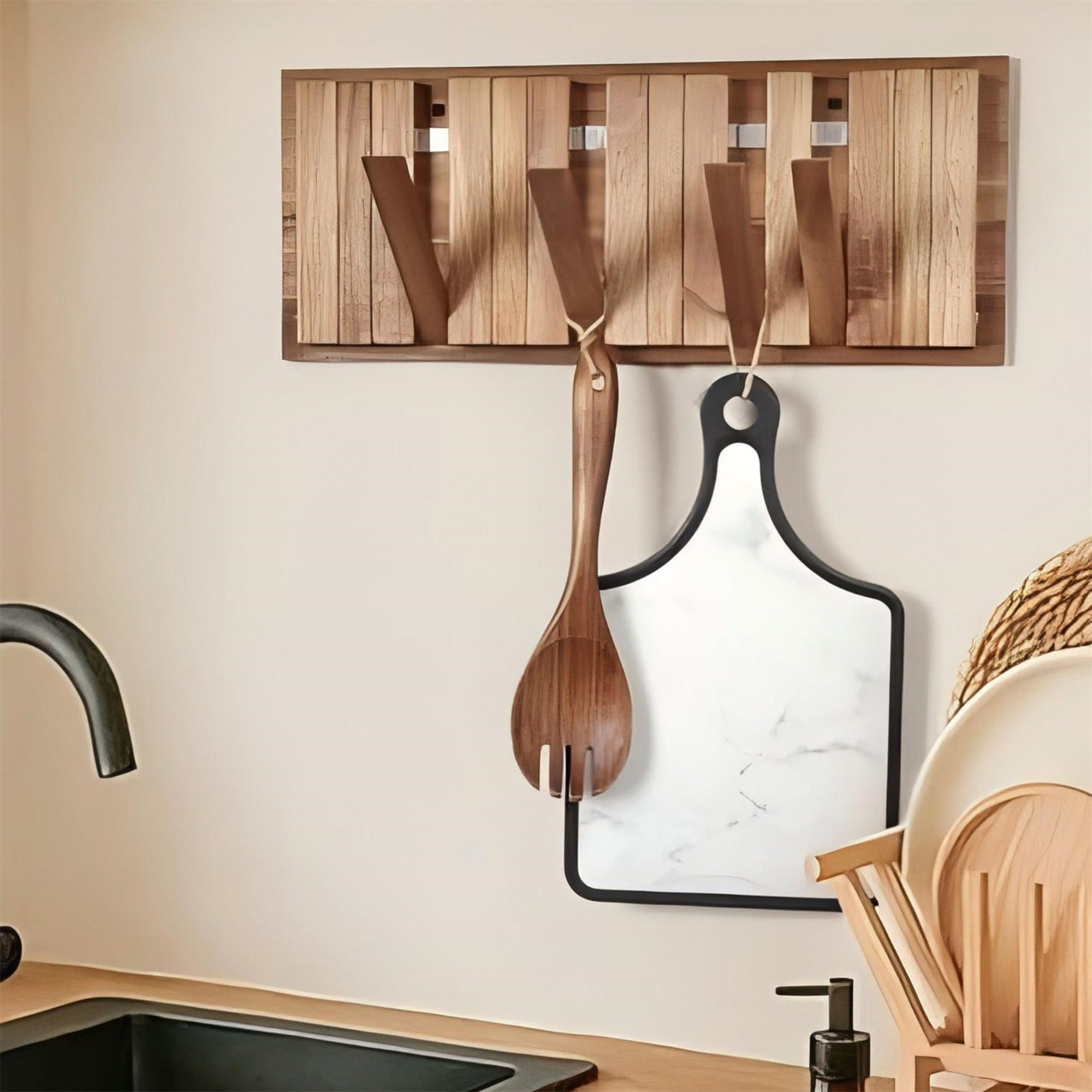 Ebern Designs Rustic Wooden 8 Flip-Down Hooks Space-Saving Coat Hooks ...