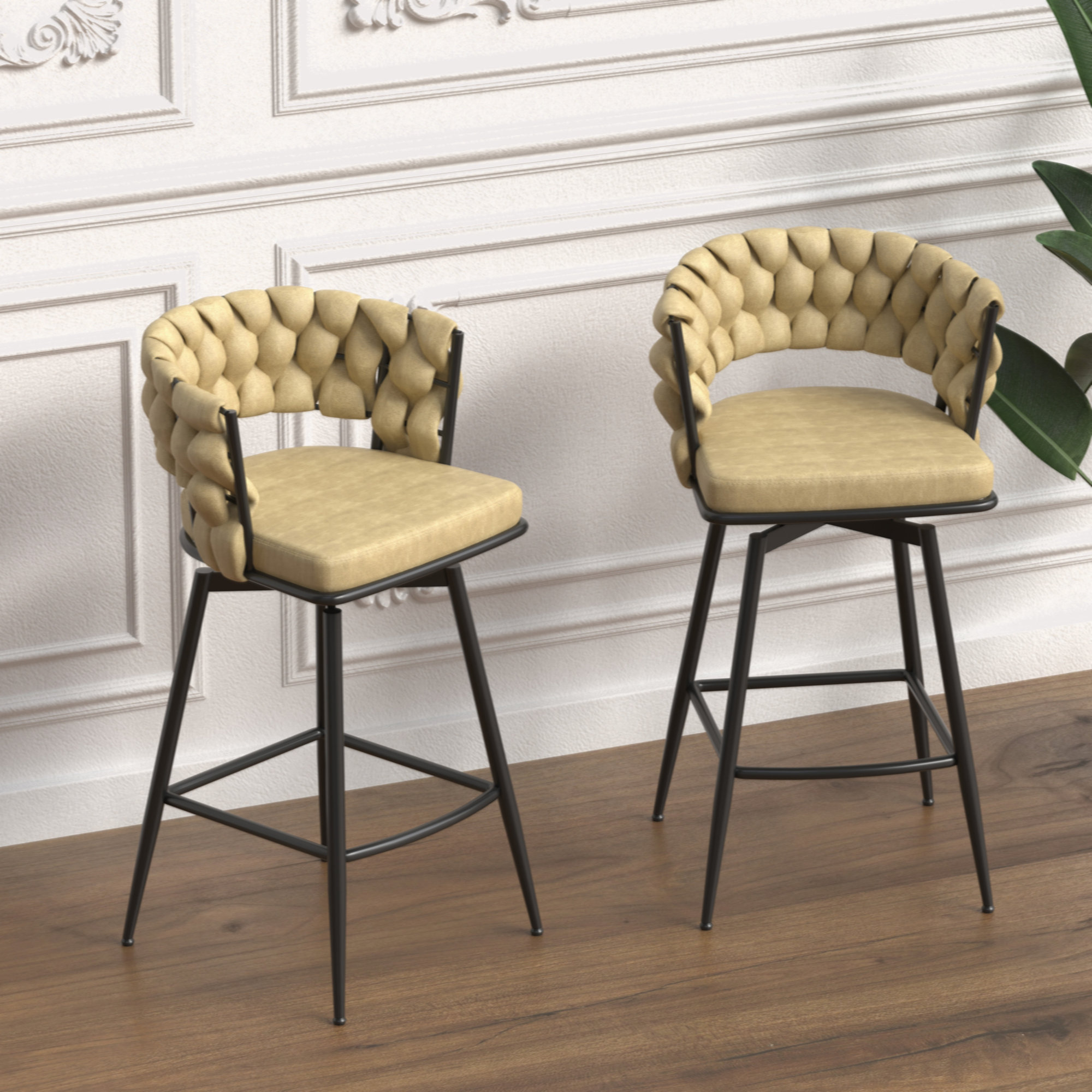 Corrigan Studio 28" Technical Leather Woven Bar Stool Set Of 2,Black ...