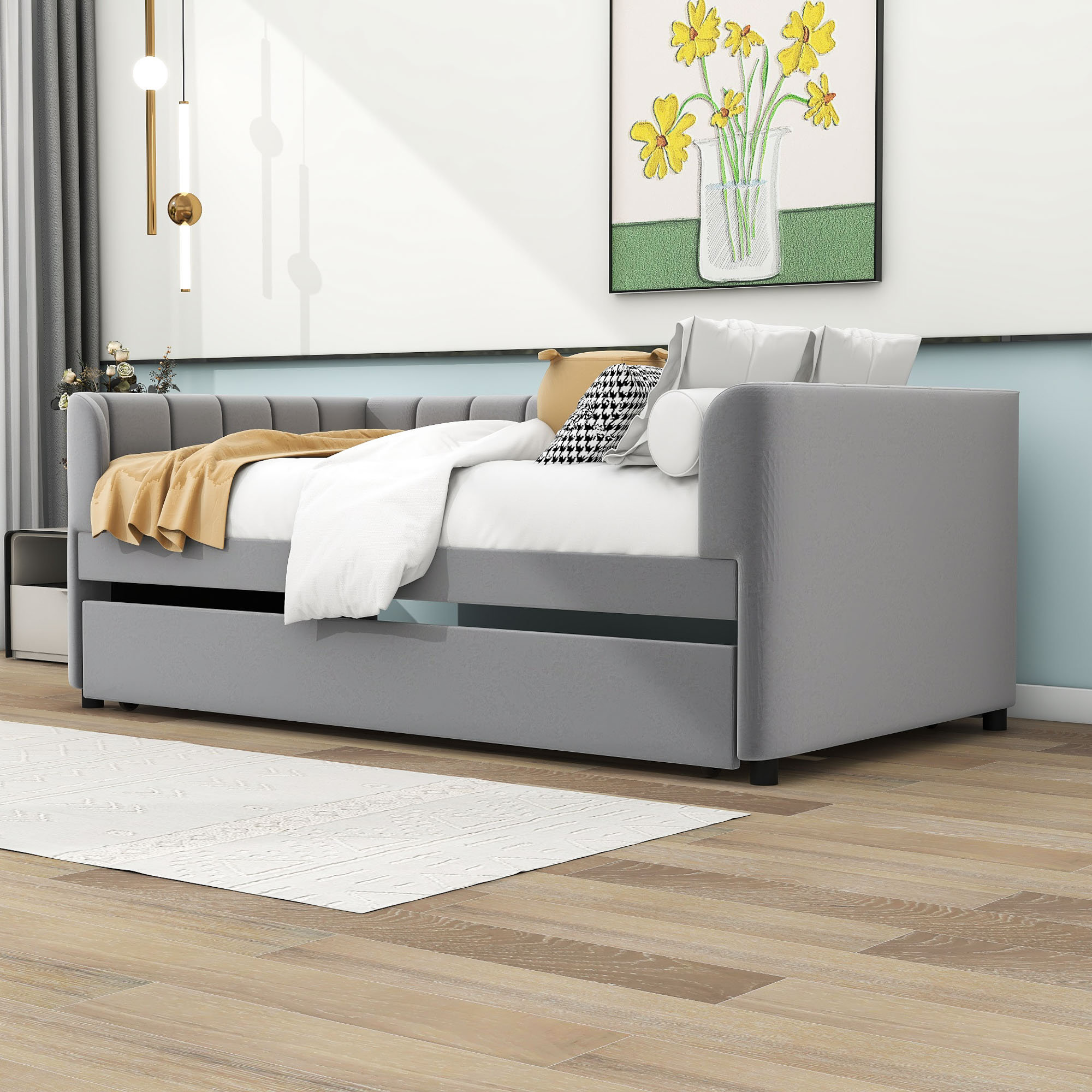 Red Barrel Studio® Motoi Twin Upholstered Daybed with Pull-out trundle ...