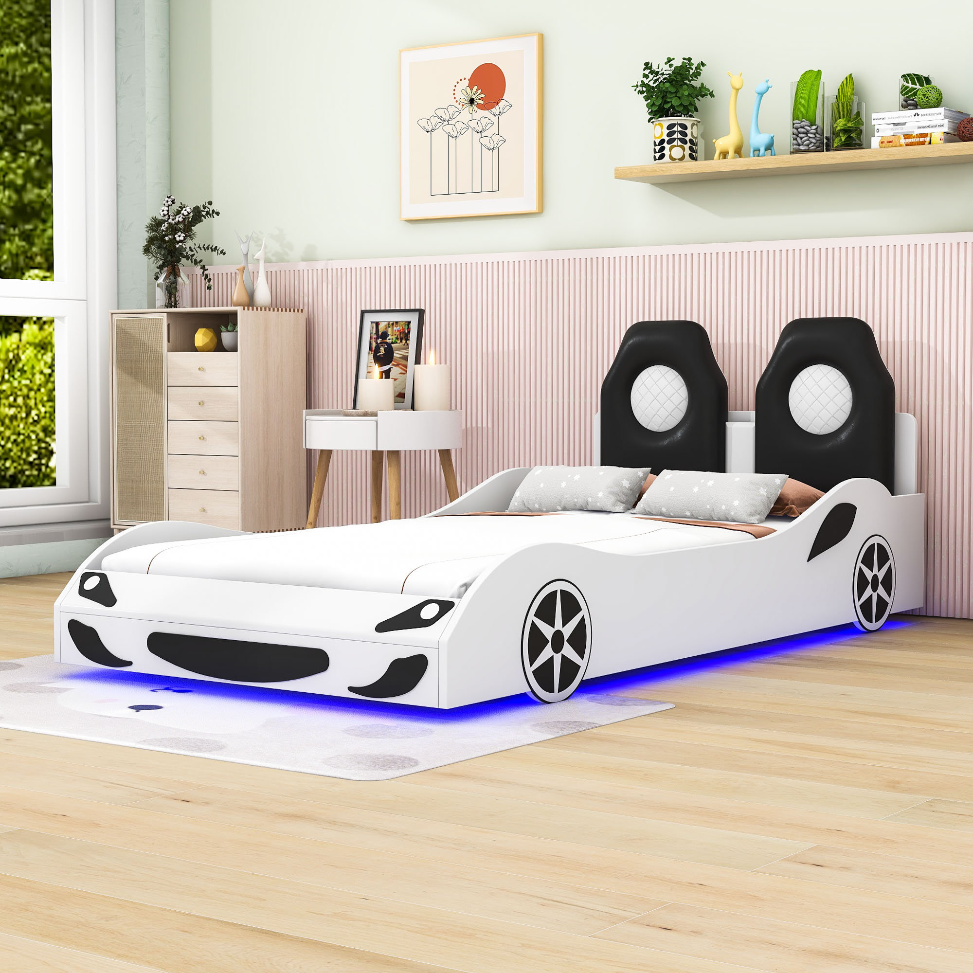 Zoomie Kids Annajane Twin Size Race Car Bed with LED Lights and ...